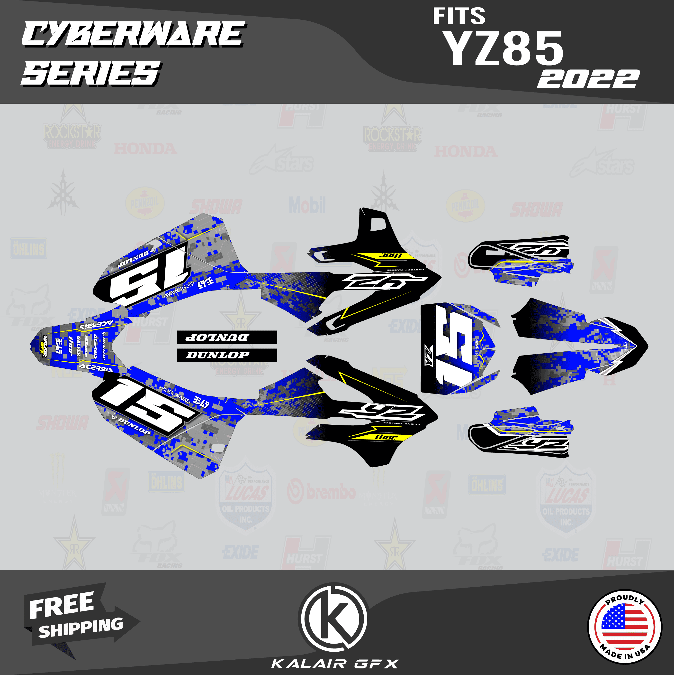 Kalair GFX Graphics Kit for Yamaha YZ85 (2022-2023) Cyberware Series ...