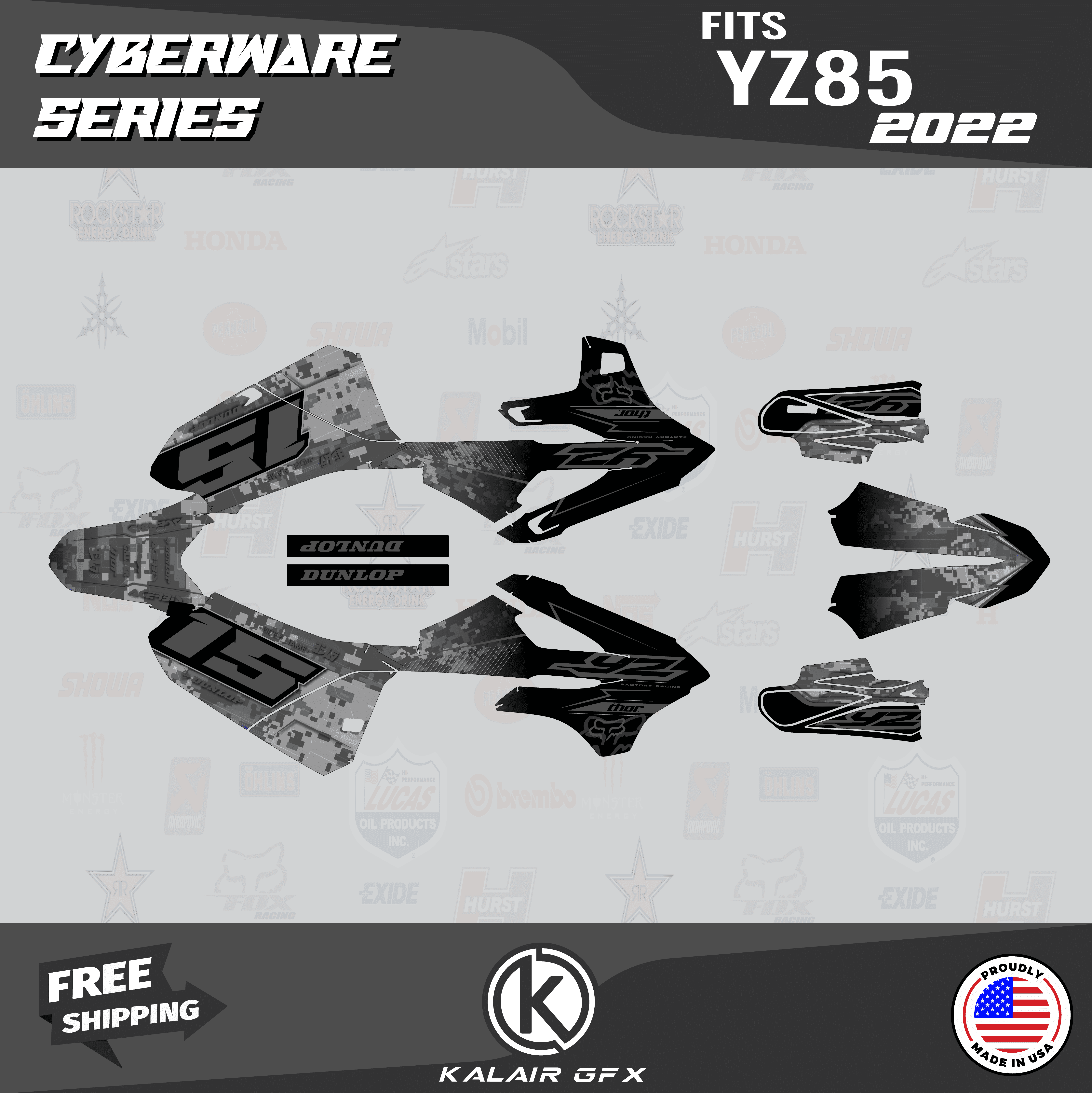 Kalair GFX Graphics Kit for Yamaha YZ85 (2022-2023) Cyberware Series ...