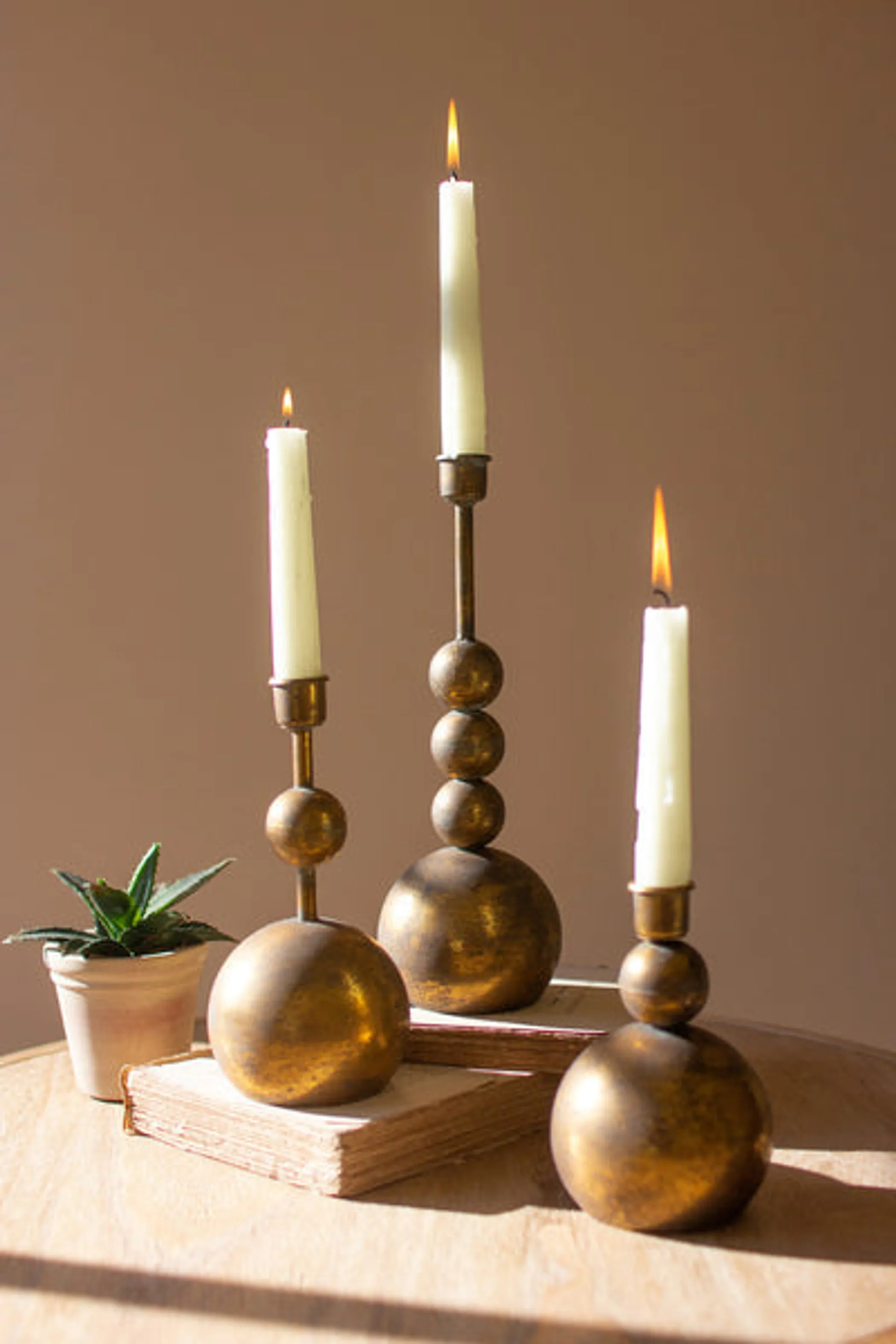 Kalalou Antique Brass Taper Candle Holders, Set of Three, Handmade with ...