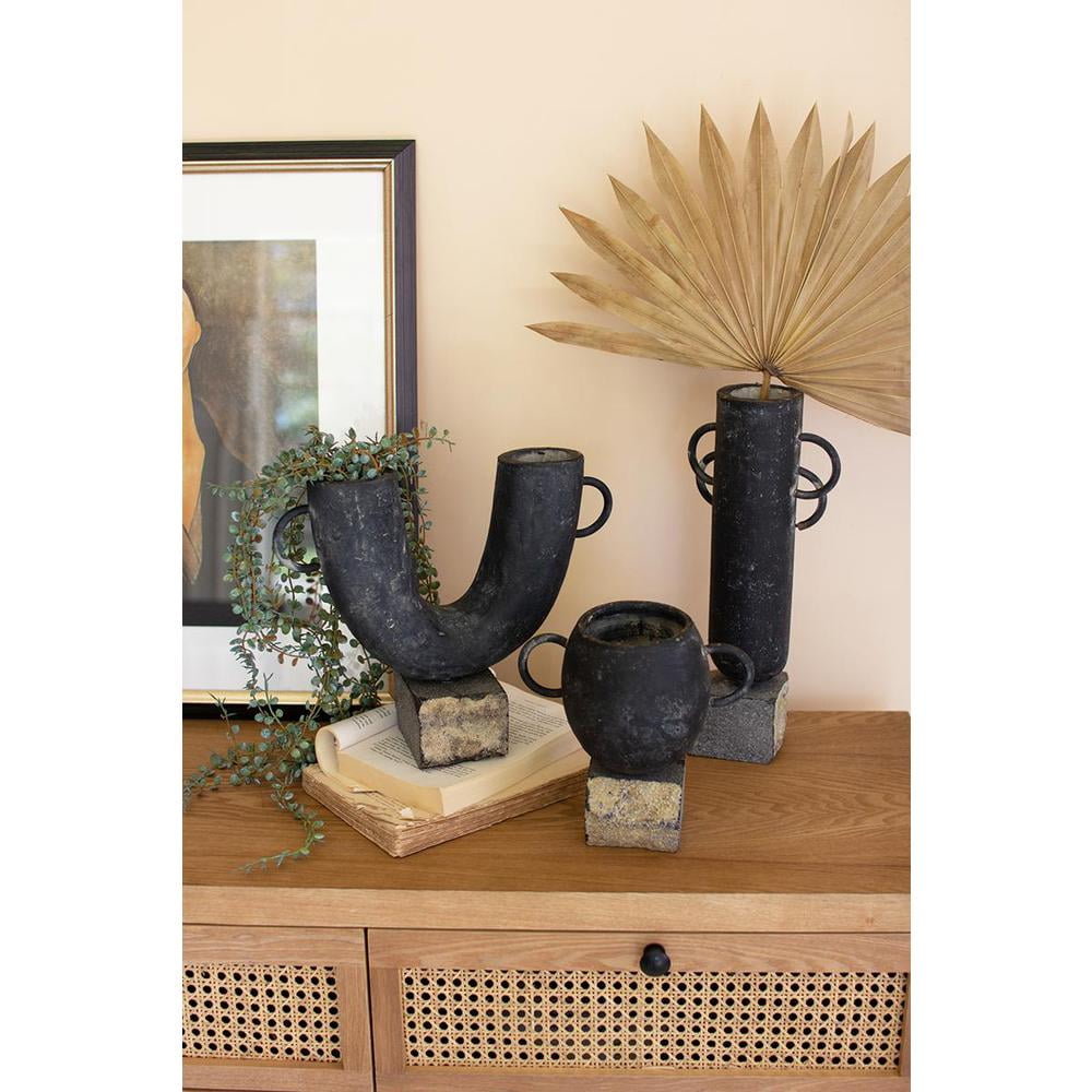 Kalalou Inc Set Of Three Black Modern Clay Vases On Rock Bases ...