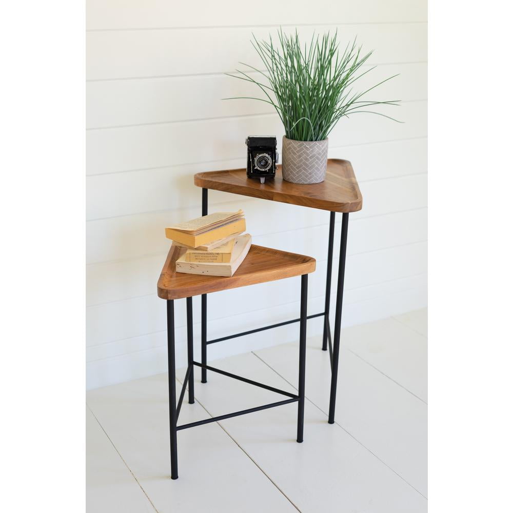 SET OF TWO TRIANGLE ACACIA WOOD SIDE TABLES WITH IRON BASES - Walmart.com