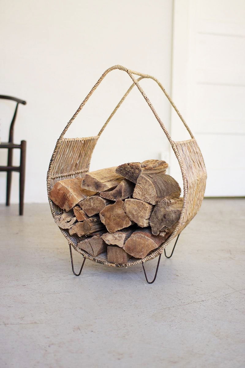 WOVEN RUSH AND METAL FIREWOOD RACK WITH TALL HANDLE - Walmart.com