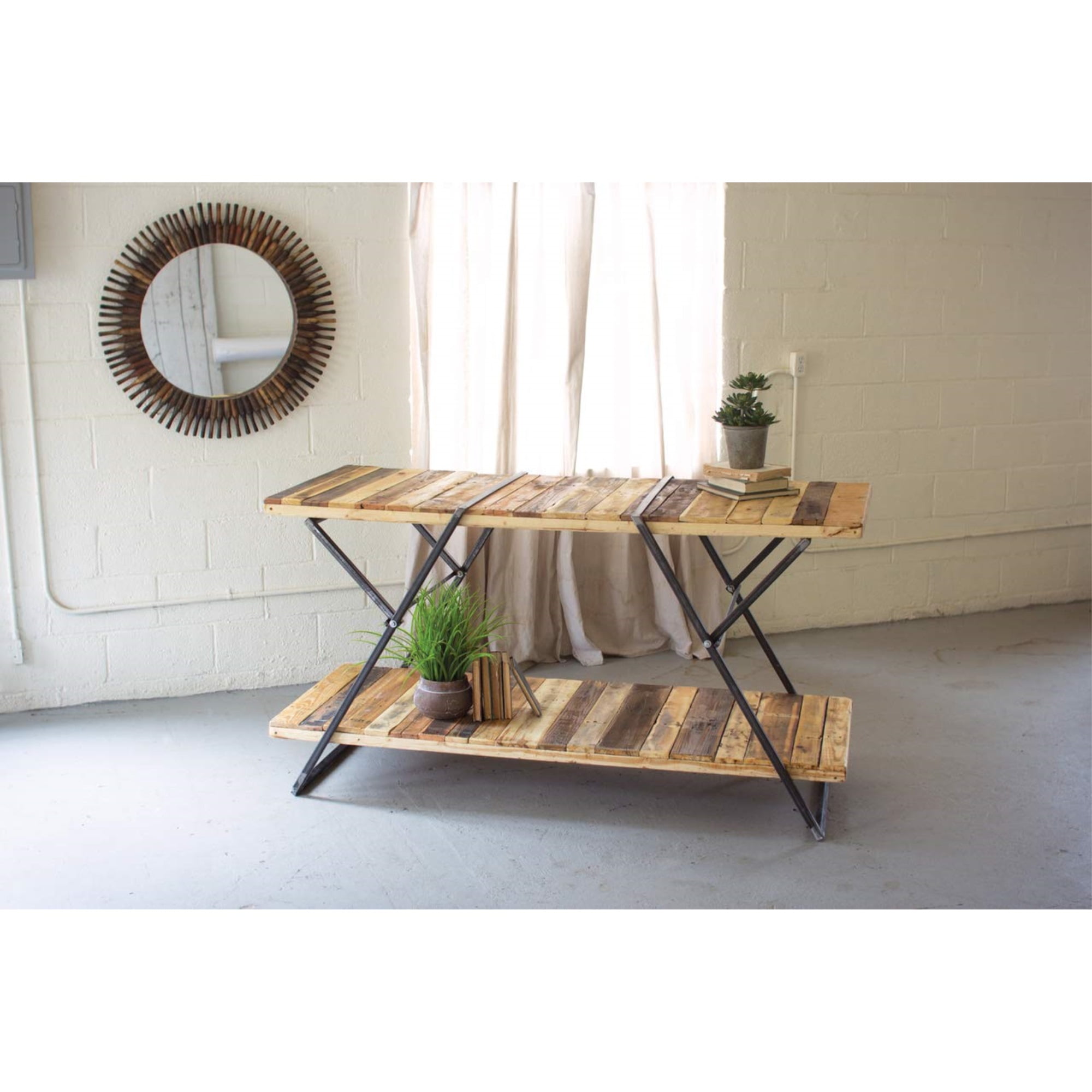 RECLAIMED WOOD TWO TIERED DISPLAY TABLE W FOLDING IRON BASE - Walmart.com