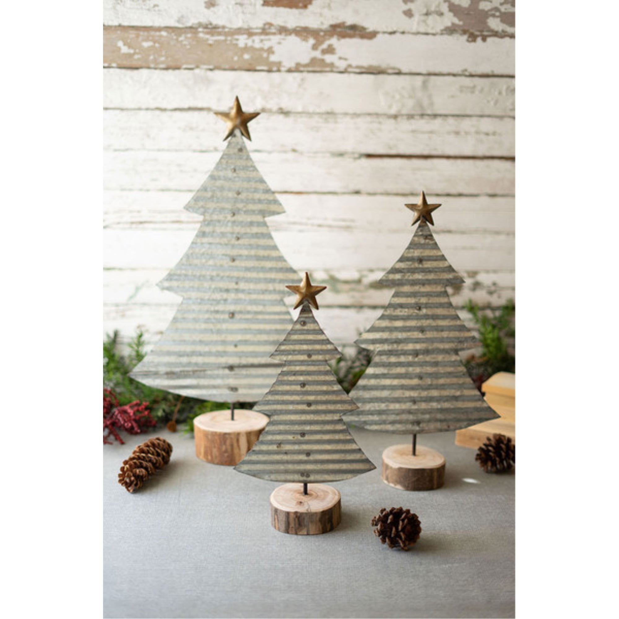 SET OF 3 CORRUGATED GALVANIZED CHRISTMAS TREES ON WOOD BASE - Walmart.com