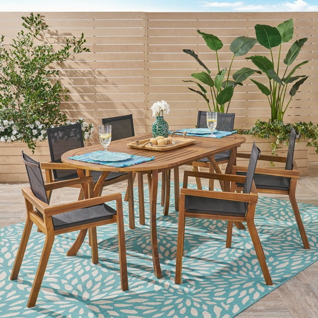 Kalani Outdoor 7 Piece Acacia Wood and Mesh Oval Dining Set, Teak ...
