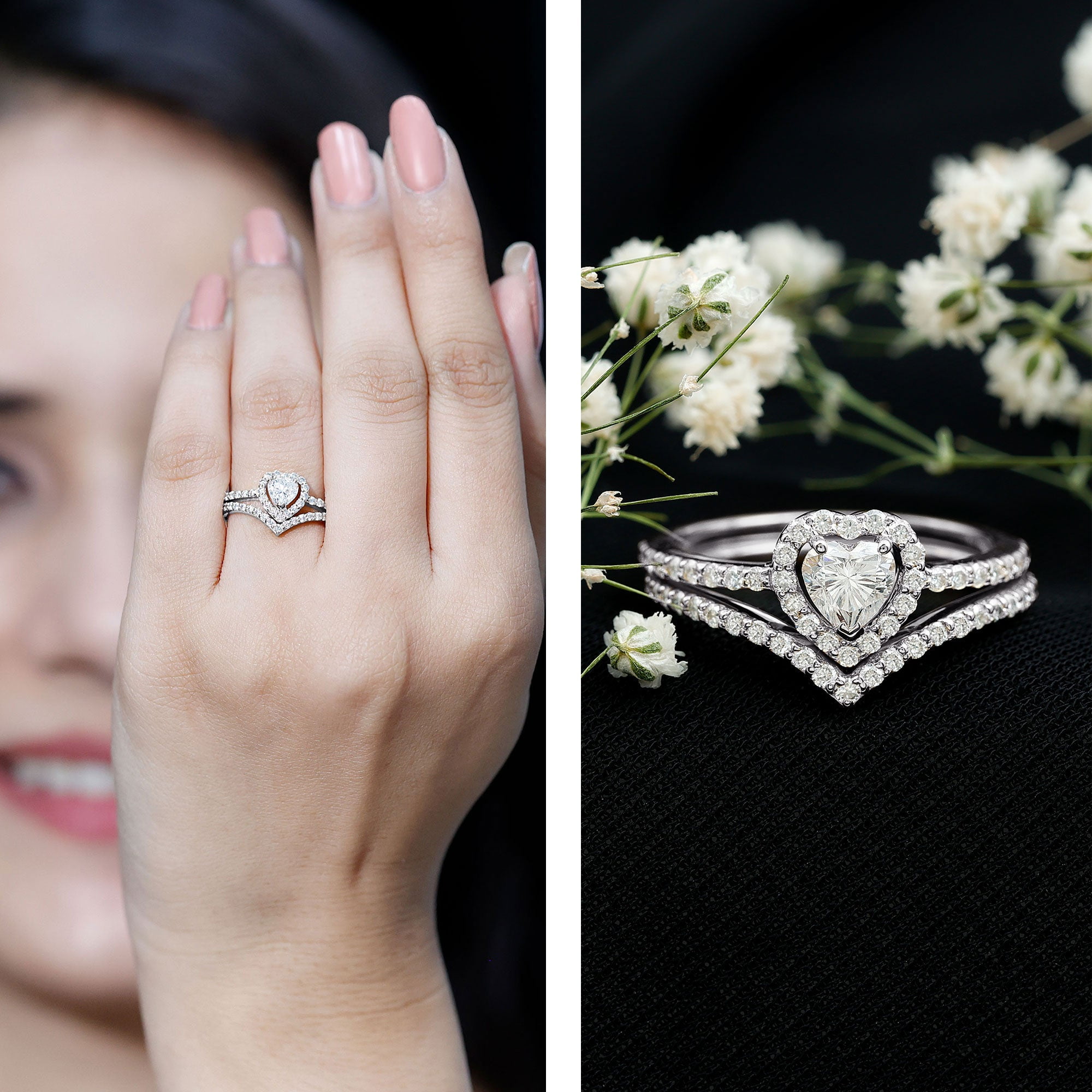 Kalapi Jewel Women’s Heart Cut Engagement Ring Set - 1.46 Ct Lab-Created Diamond in Prong ...