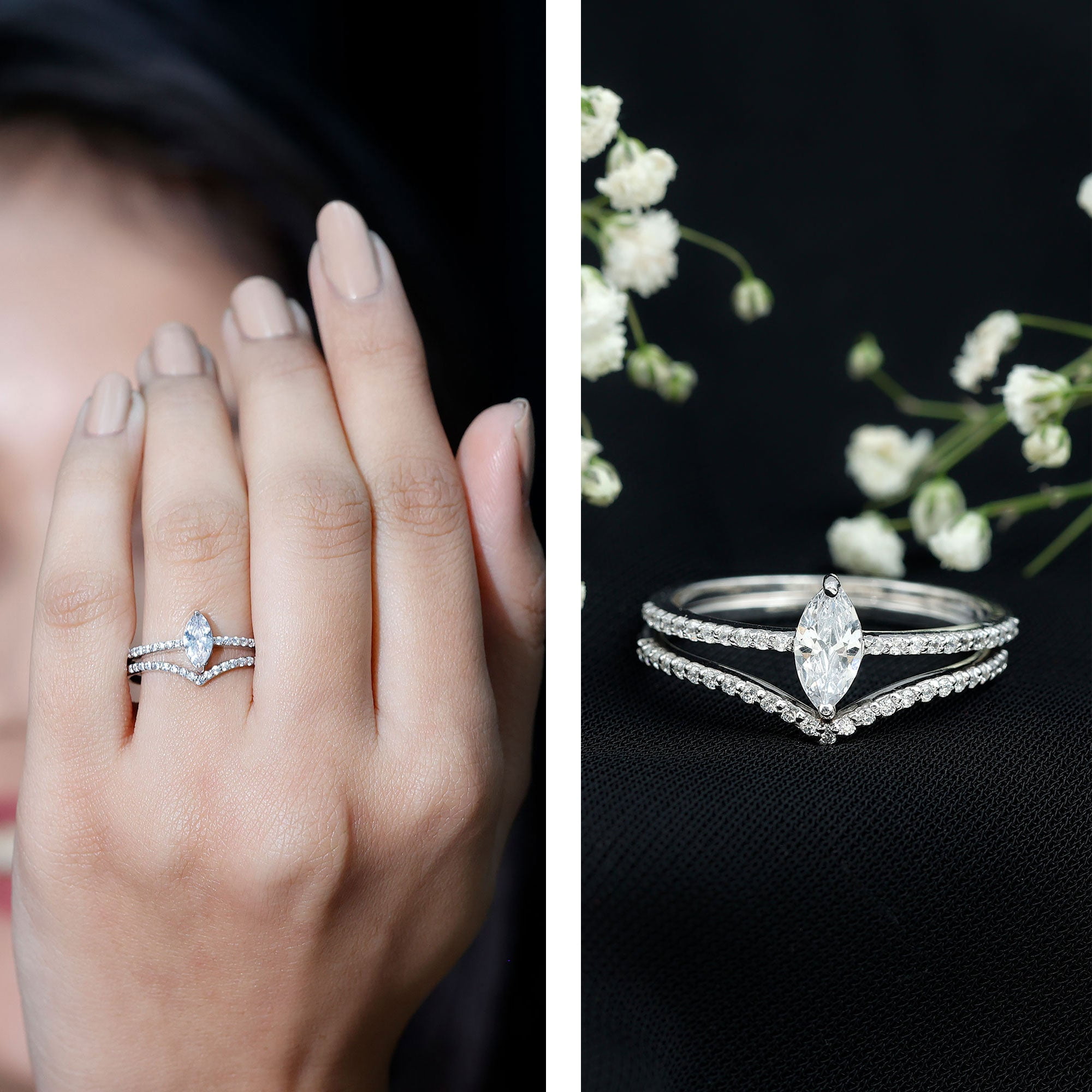 Kalapi Jewelry 1.2 Ct Moissanite Engagement Ring Set - Classic Marquise Cut Design Ring Set ...