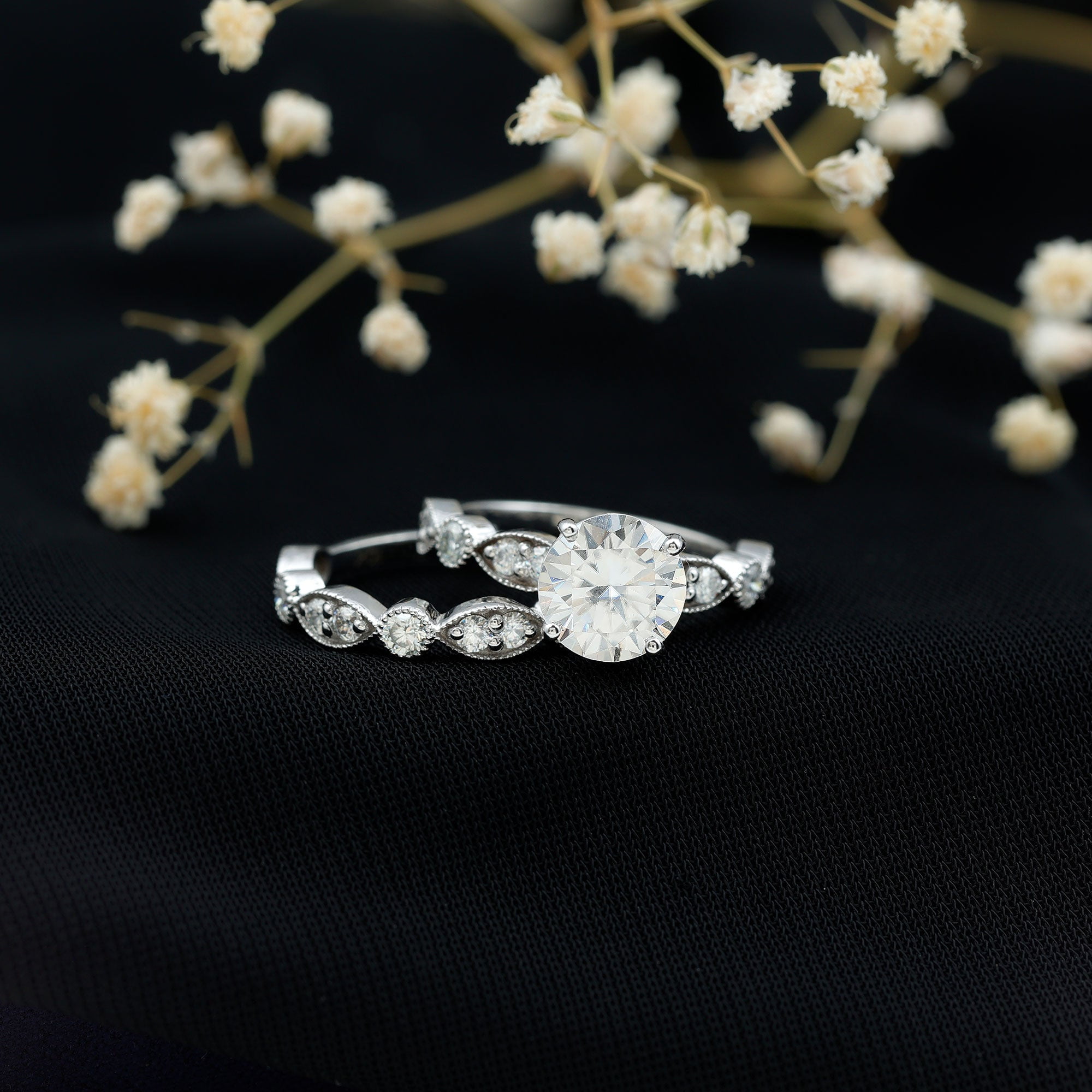 Kalapi Jewelry Milgrain Wedding Moissanite Ring Set 1.5 Ct Lab-Created Moissanite Moissanite ...