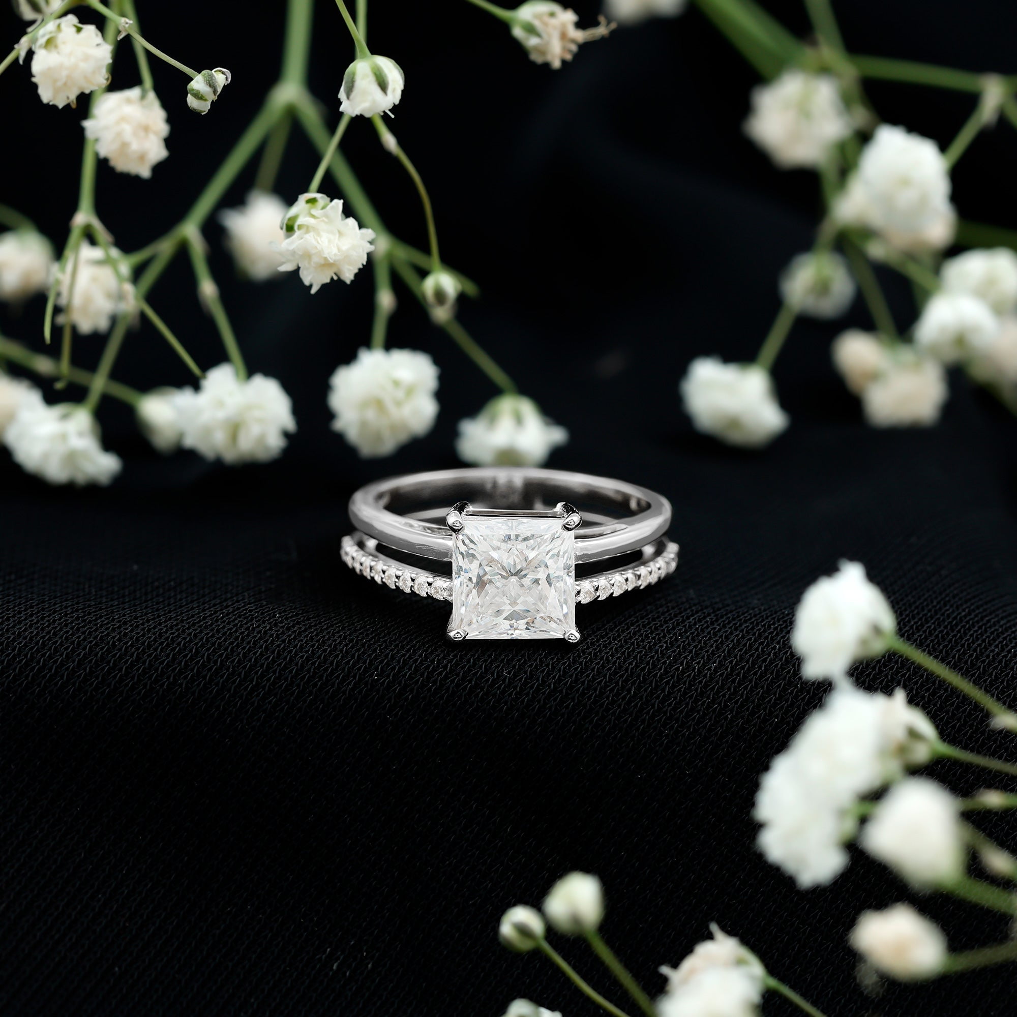 Kalapi Jewelry Women's Bridal Ring Set – 14K White Gold Plated 1.3 Ct Princess Cut Moissanite ...