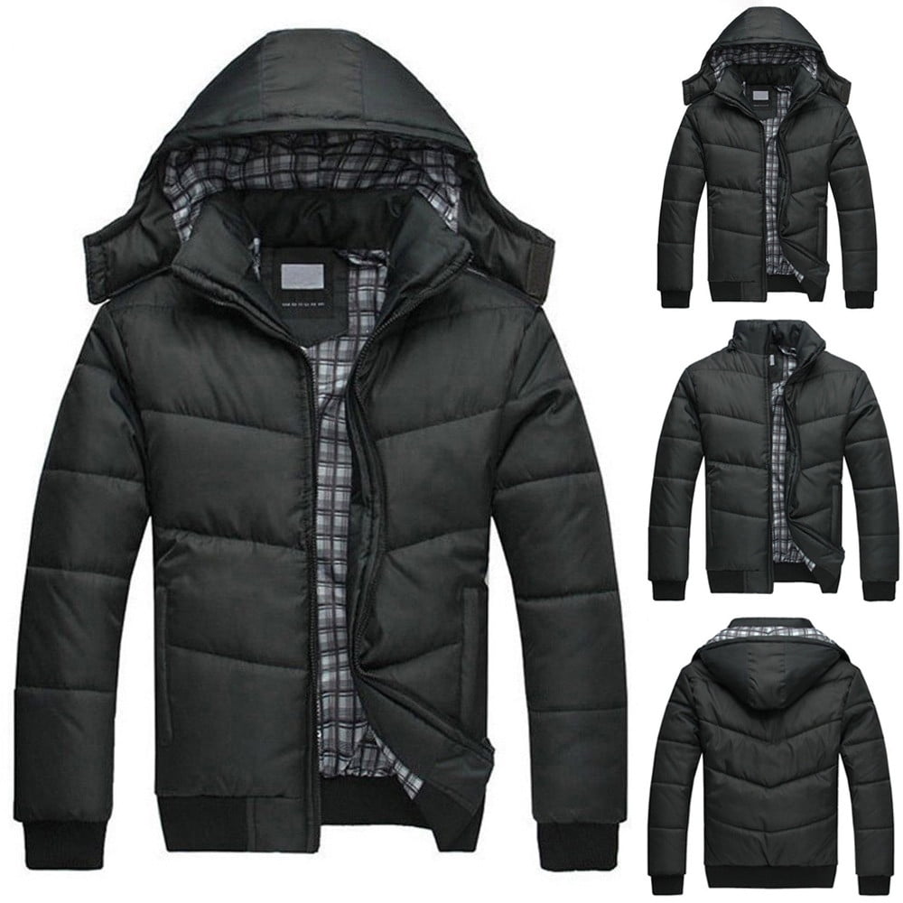 Kalauyu Men's Black Jacket Winter Warm Overcoat Padded Hooded Down Coat Thicken Puffer Jacket ...