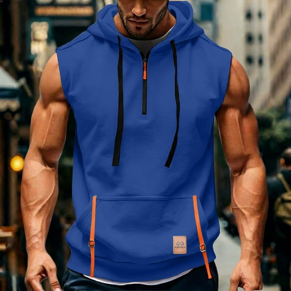 Kalauyu Men's Bodybuilding Sleeveless Hoodie Gym Tank Top Summer Half ...