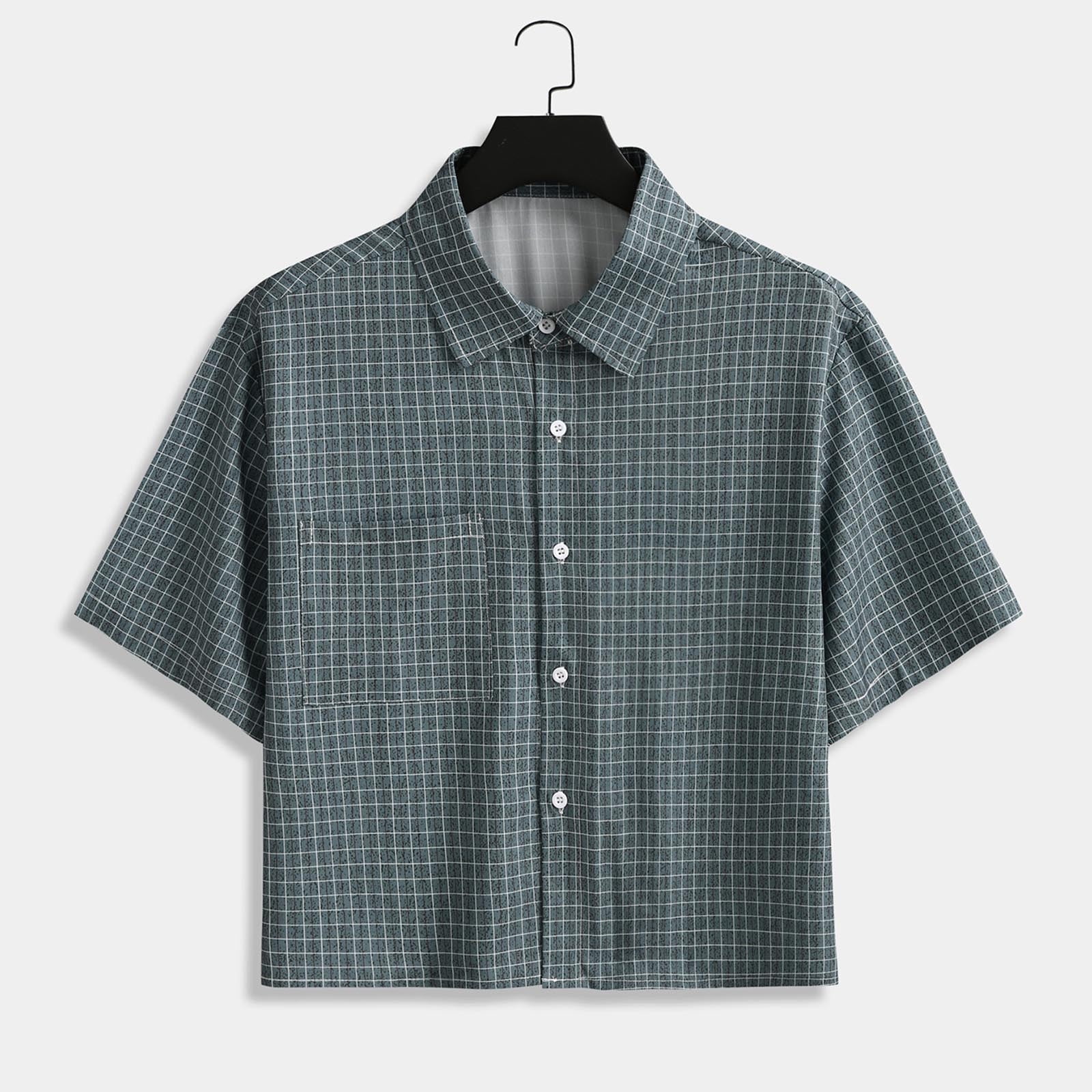 Kalauyu Men's Checkered Cropped Shirt Button Up Short Sleeve Vacation ...