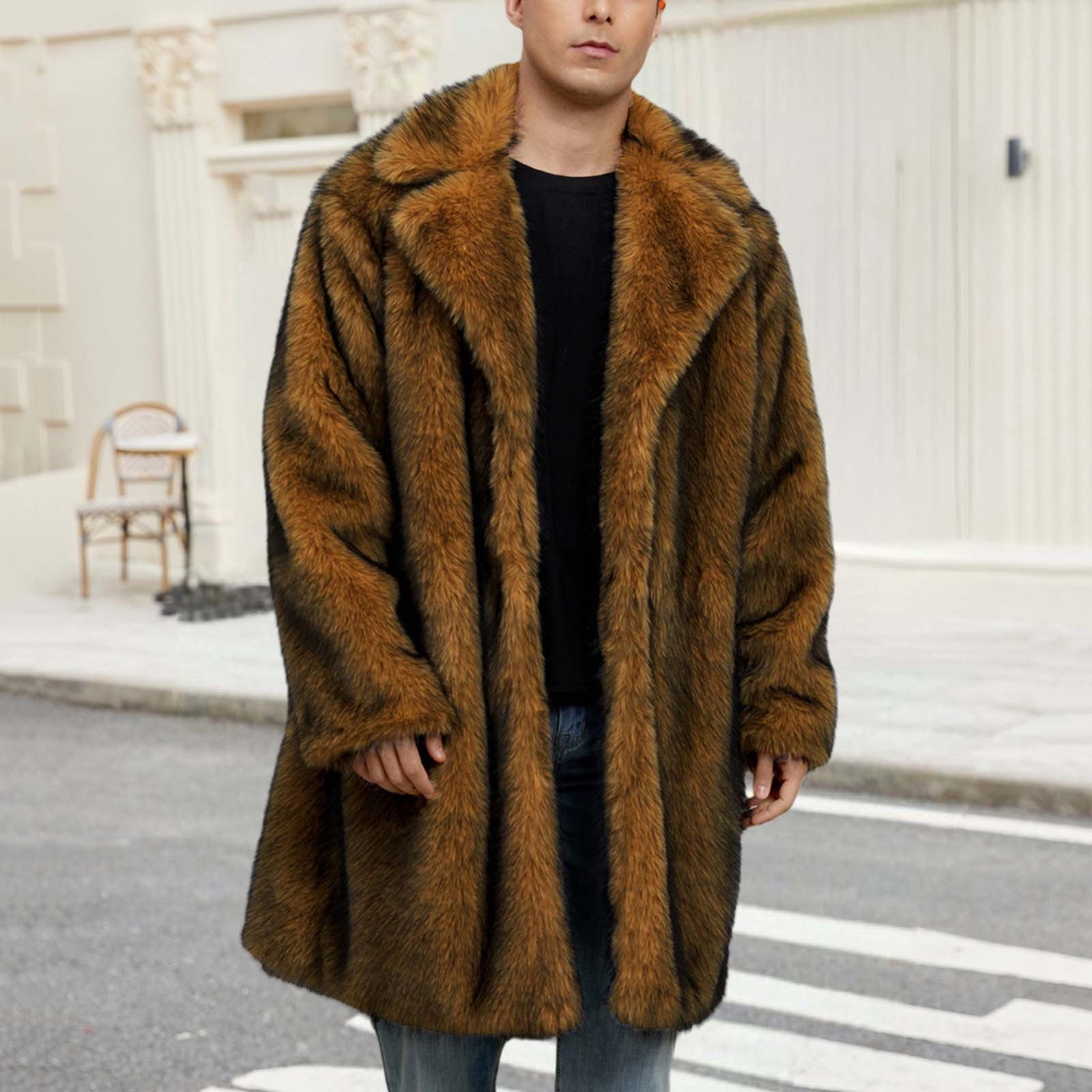 Kalauyu Men's Faux Fur Coat Winter Long Faux Coat Fluffy Thick Trench ...
