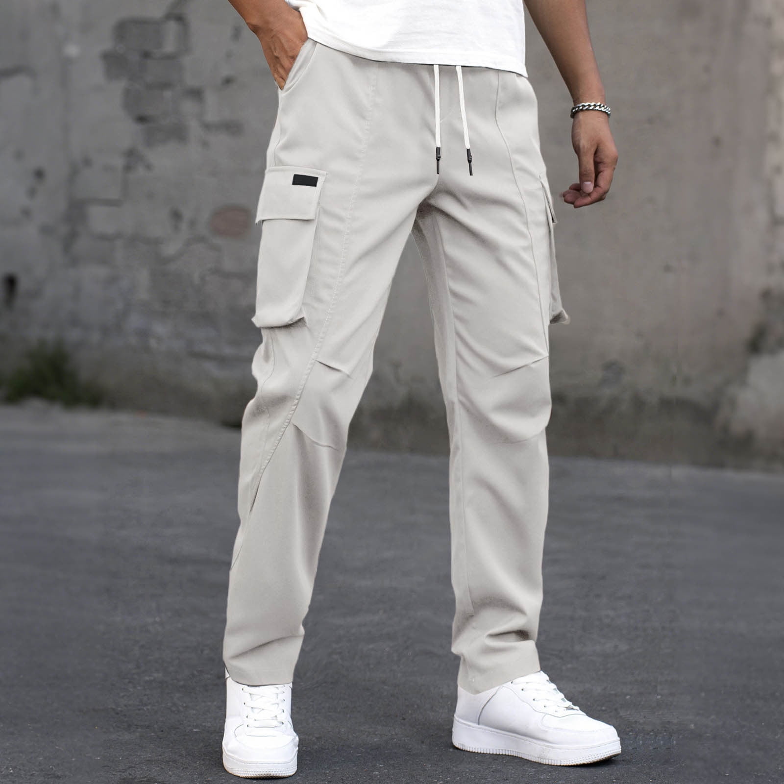 Kalauyu Men's Full Elastic Waist Casual Cargo Pants Relaxed Fit ...