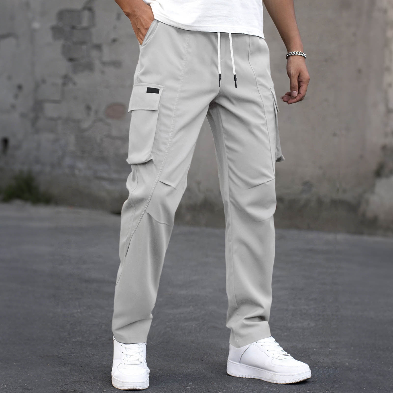 Kalauyu Men's Full Elastic Waist Casual Cargo Pants Relaxed Fit ...