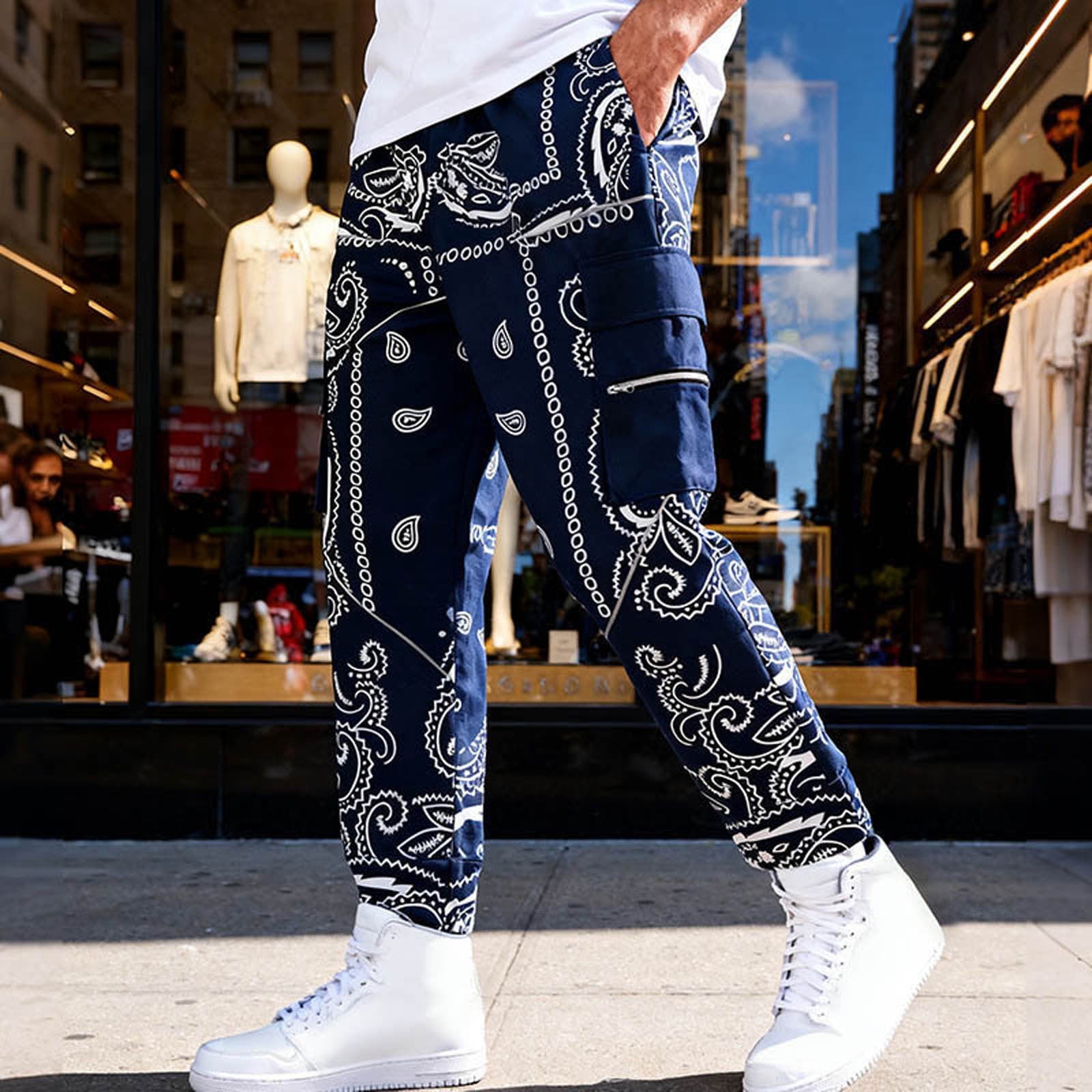 Kalauyu Men's Paisley Pants Cargo Jogger Hip Hop Workout Punk Pants ...