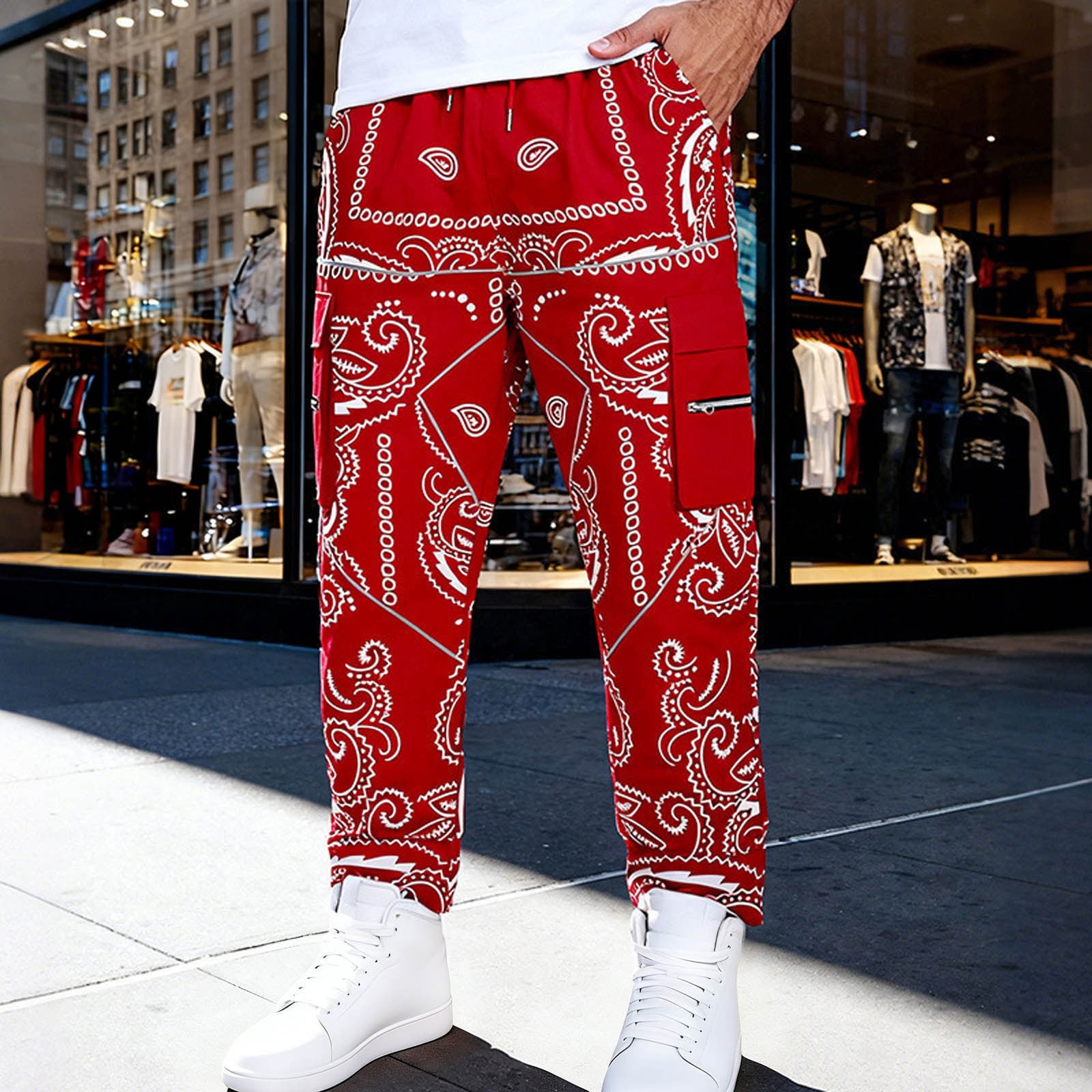 Kalauyu Men's Paisley Pants Cargo Jogger Hip Hop Workout Punk Pants ...