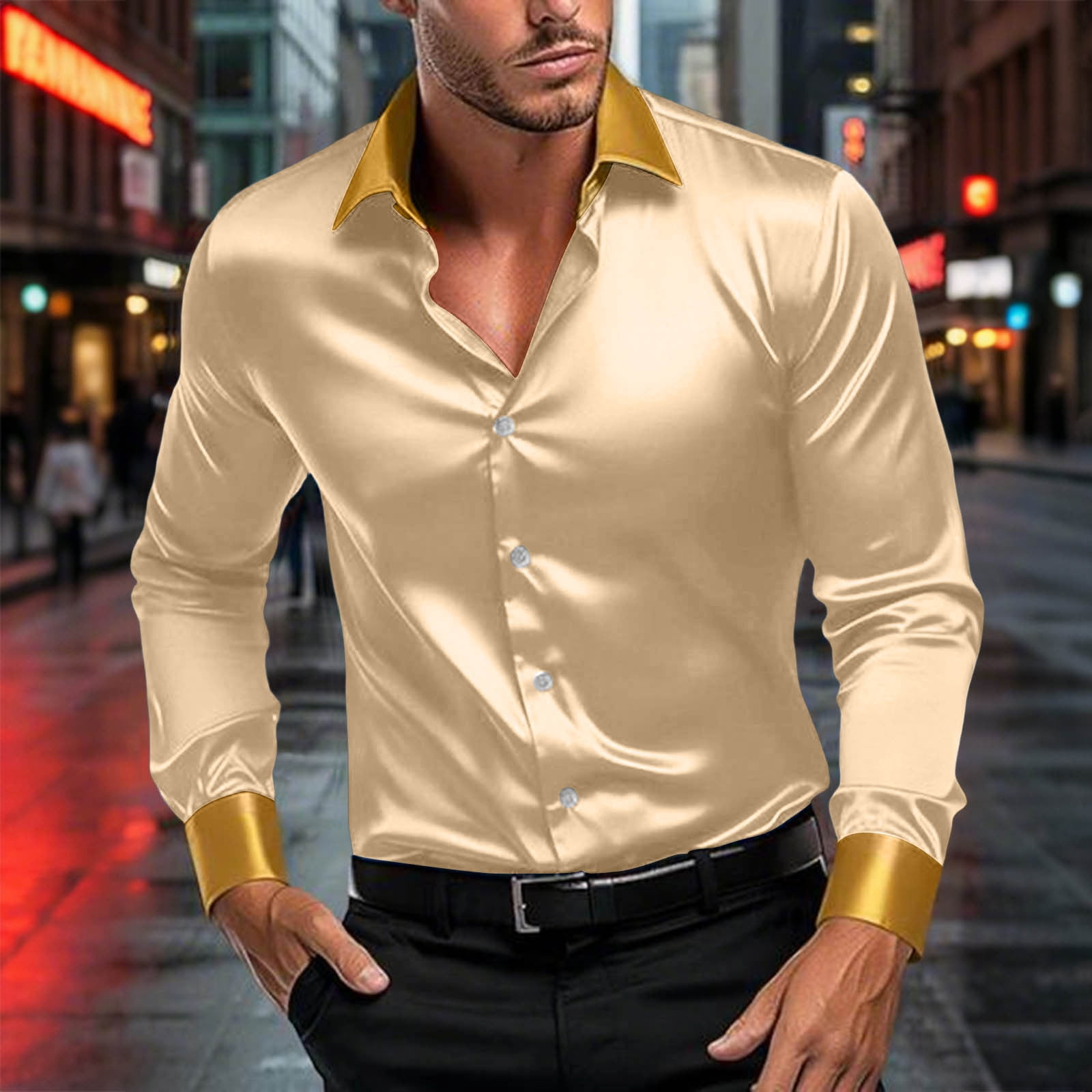 Kalauyu Men's Satin Dress Shirt Shiny Embroidery Silk Long Sleeve ...