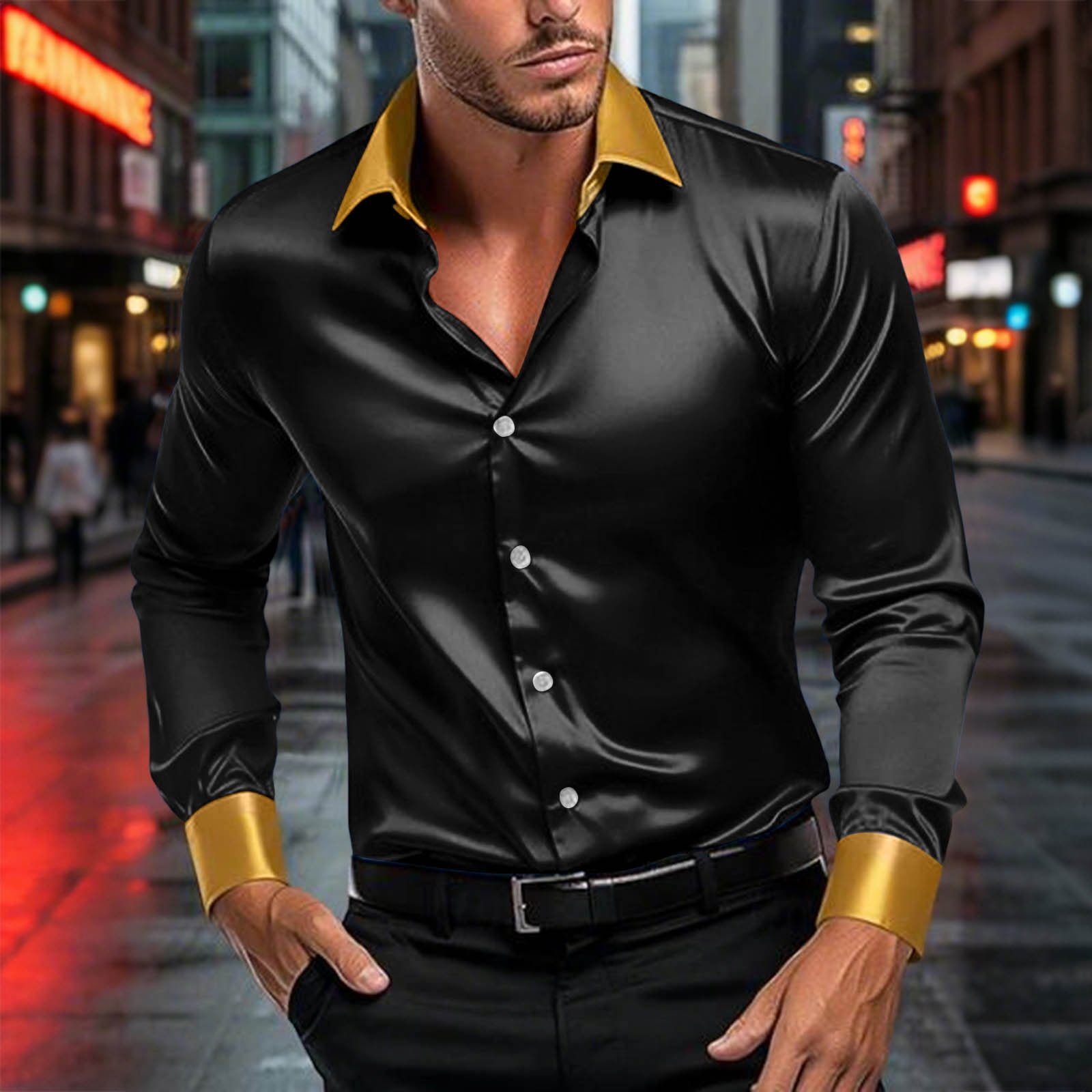 Kalauyu Men's Satin Dress Shirt Shiny Embroidery Silk Long Sleeve Button Up Shirts Prom Wedding ...