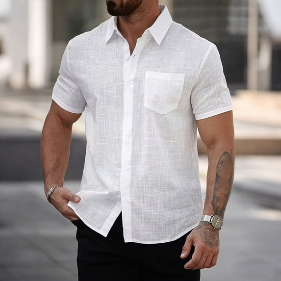 Kalauyu Mens Cotton Linen Button Down Shirts Casual Short Sleeve Shirt ...