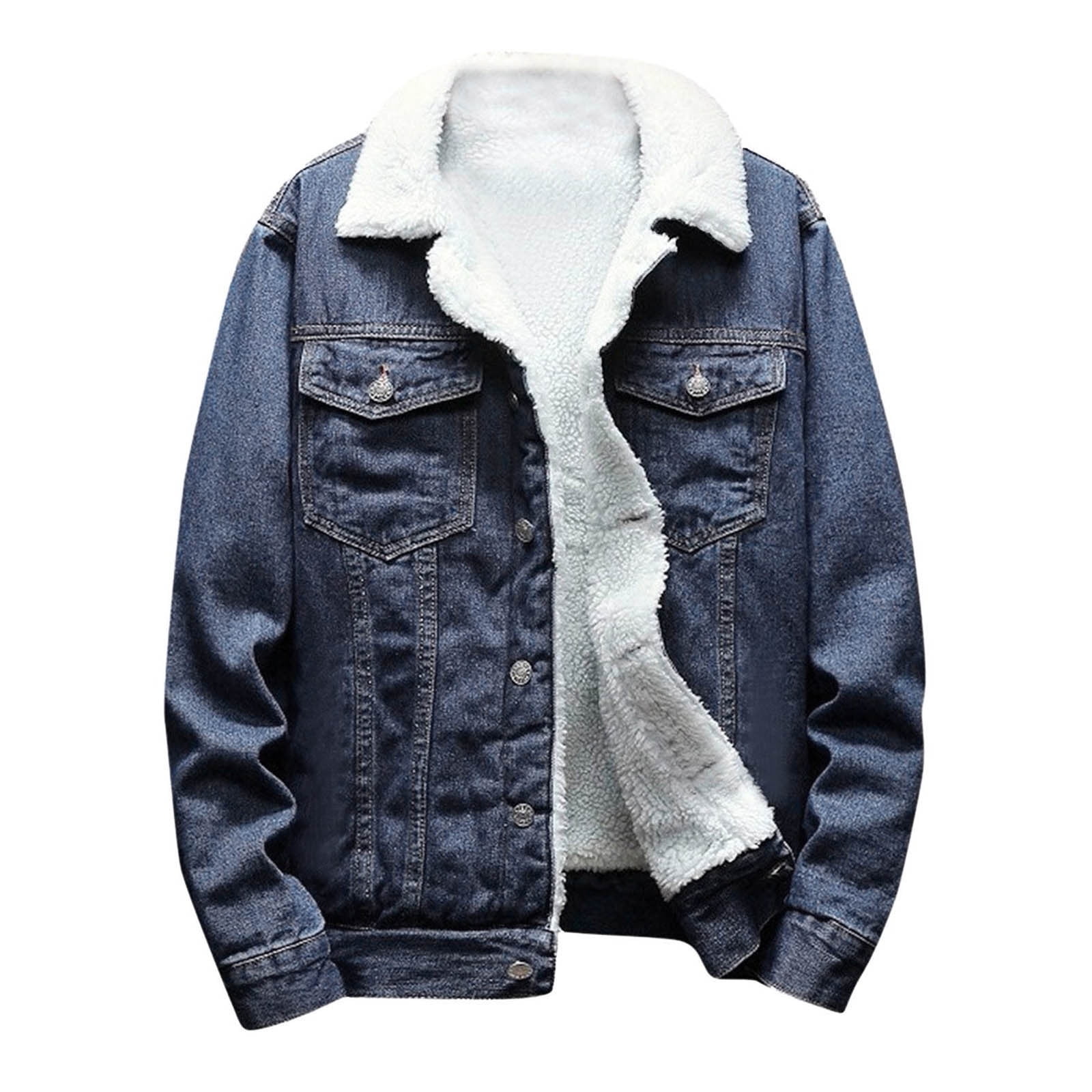 Kalauyu Mens Denim Jacket, Thick Fleece Jacket Washed Casual Regular ...