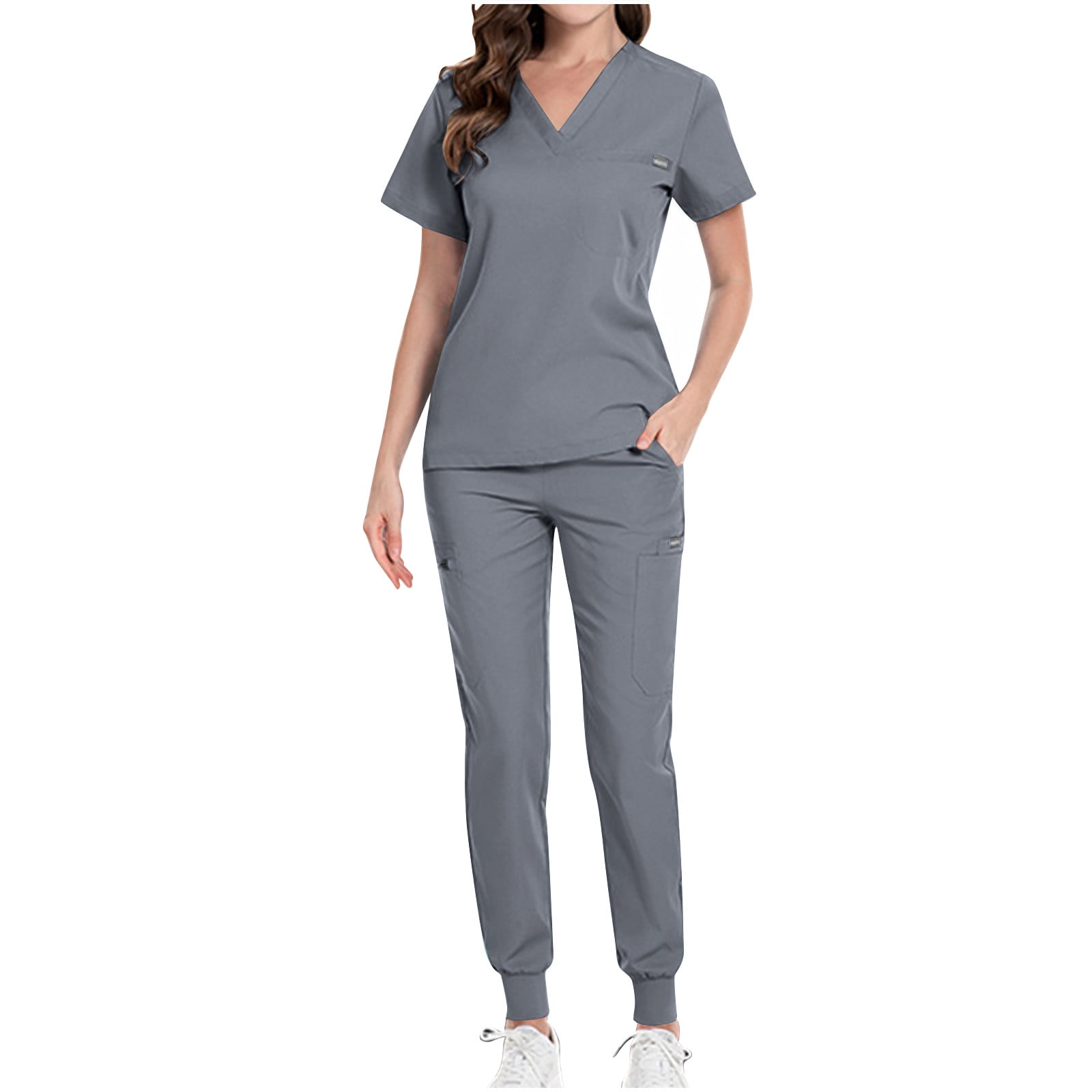 Kalauyu Scrubs Set for Women Stretch V-Neck Scrub Top & Jogger Pant ...