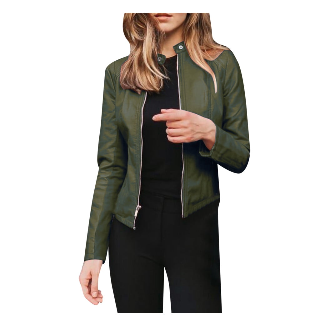 Kalauyu Women Faux Leather Ladies Lapel Motor Jacket Coat Zip Biker ...