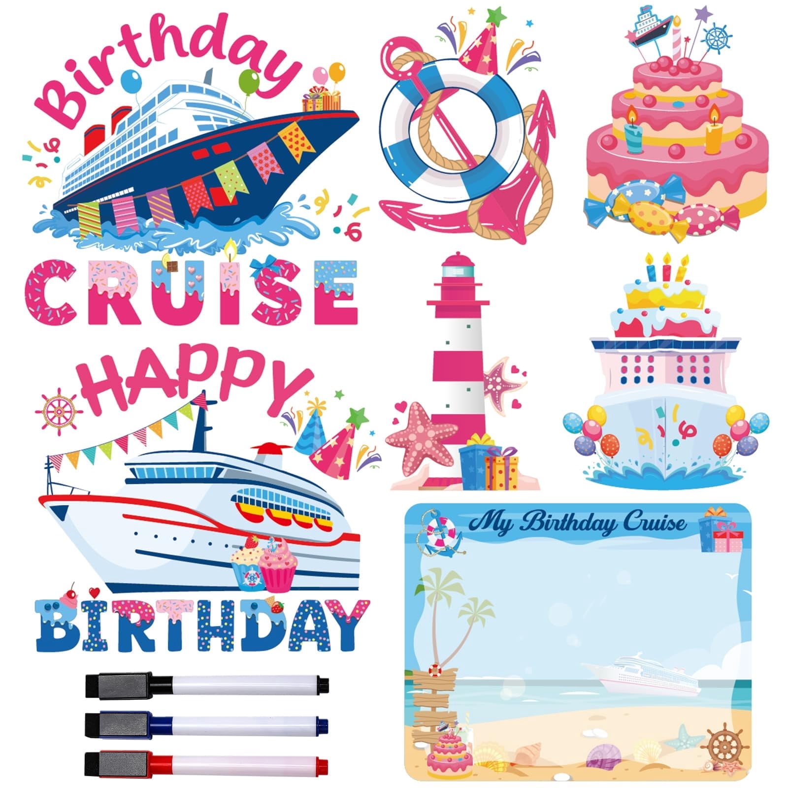 Kaleduo 7-Pack Happy Birthday Cruise Door Magnets, Pink Magnetic Ship ...