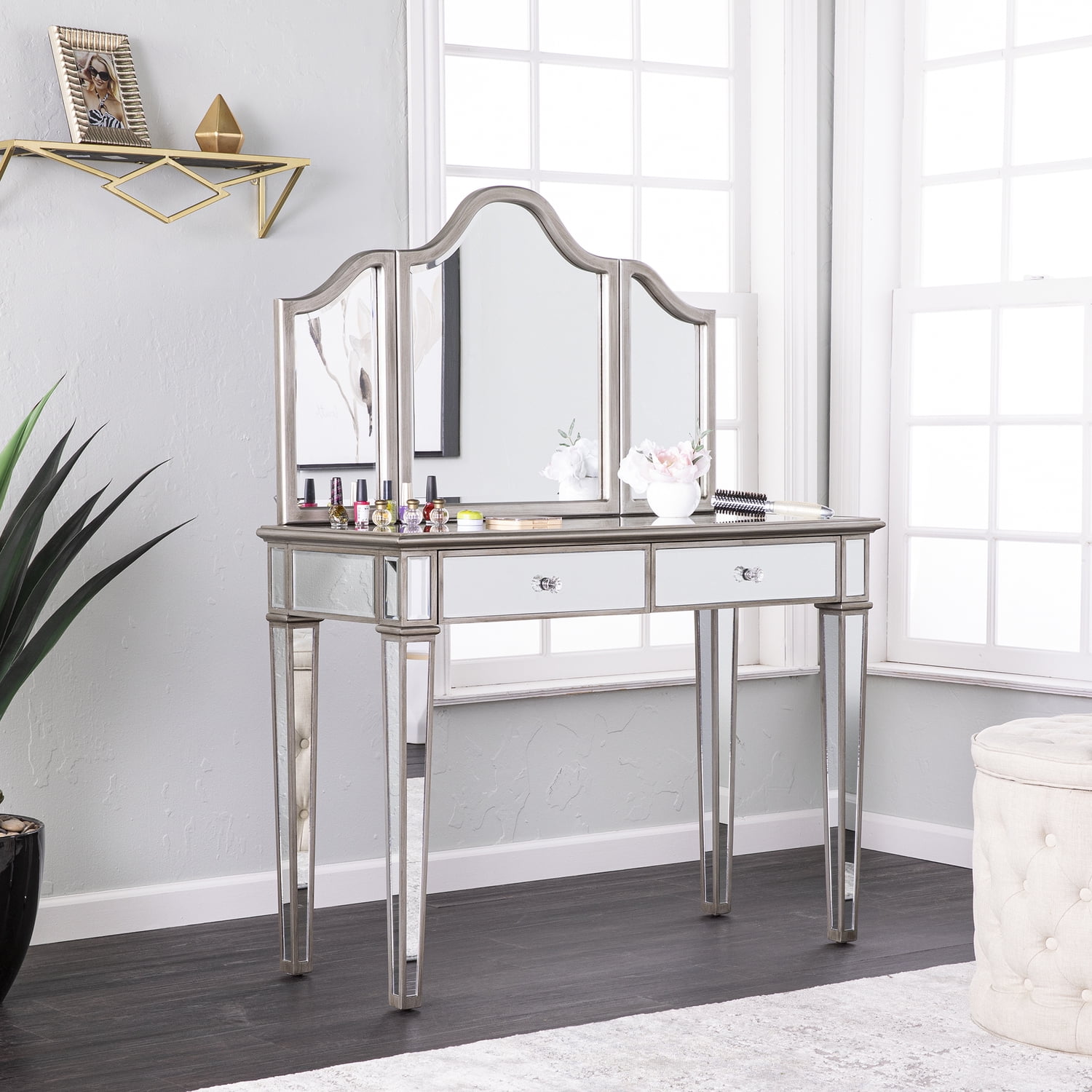Kalla 2pc Mirrored Vanity Desk Set with Makeup Drawers for Small ...