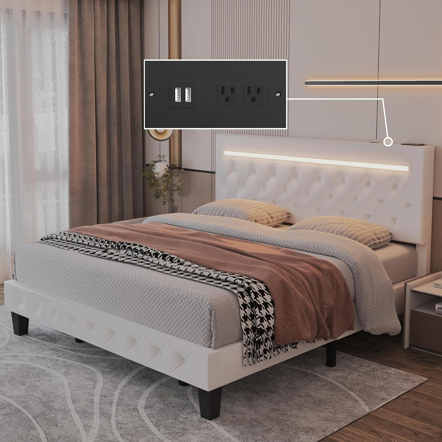 Kallabe King Size LED Bed Frame with Adjustable Headboard, USB Ports ...