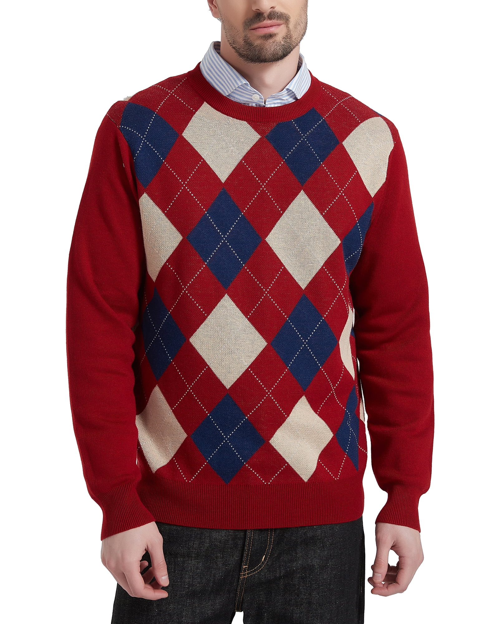 Kallspin Men's Argyle Crewneck Knit Sweater Wool Blend Long Sleeve ...