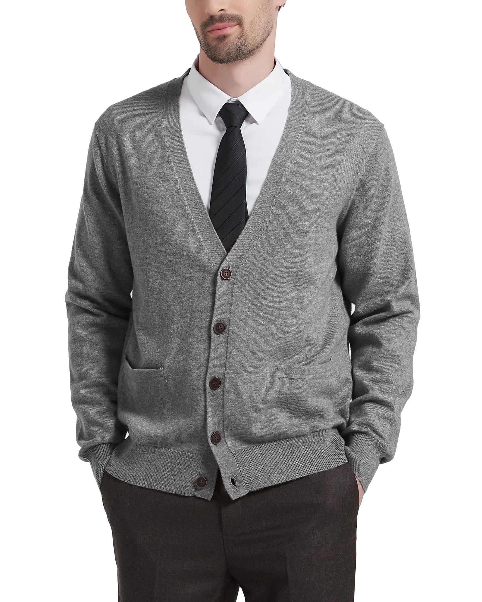Kallspin Men’s Wool Blend V Neck Cardigan Sweater with Pockets, 2X-Large, Light Grey - Walmart.com
