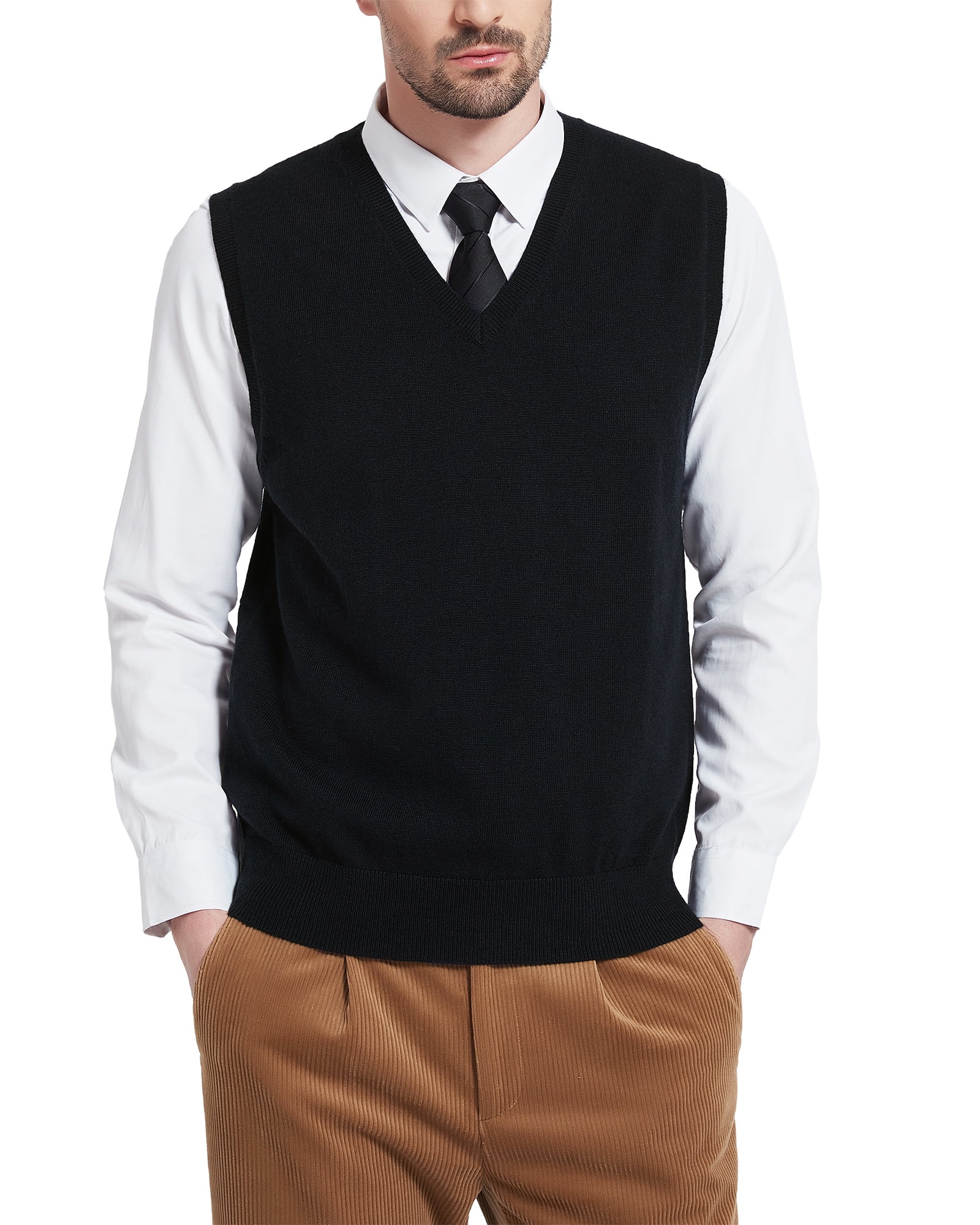 Kallspin Men's Wool Blend V Neck Vest Sweater, Black, Large - Walmart.com