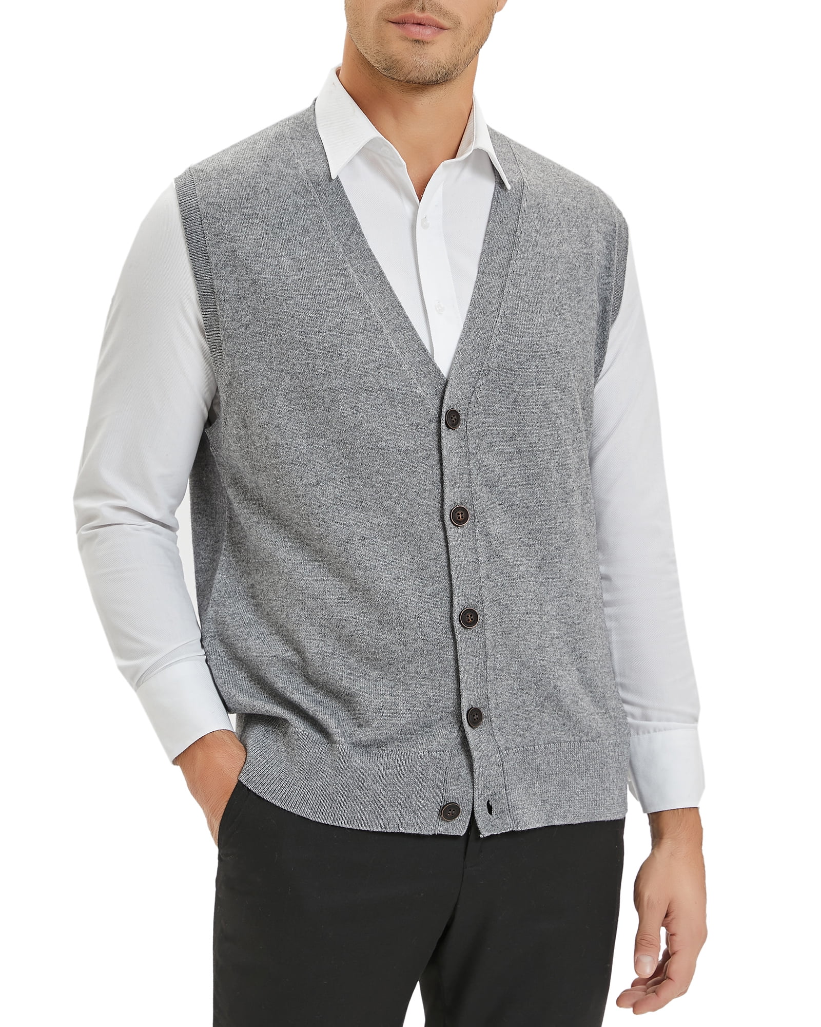 Kallspin Men's Vest Sweater Wool Blended V Neck Sleeveless Button ...