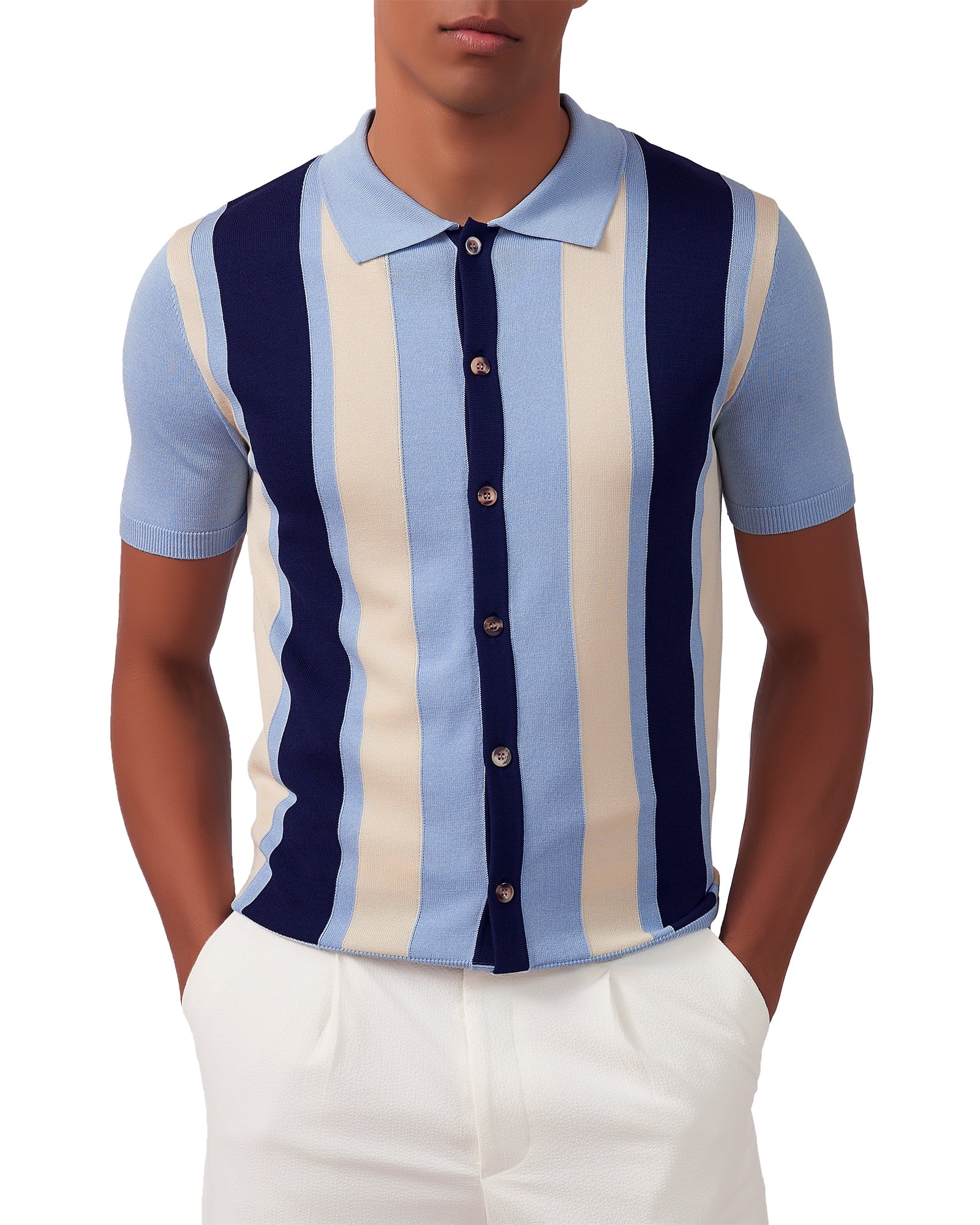 Kallspin Men's Vintage Knit Polo Shirt Short Sleeve Striped Button Down ...