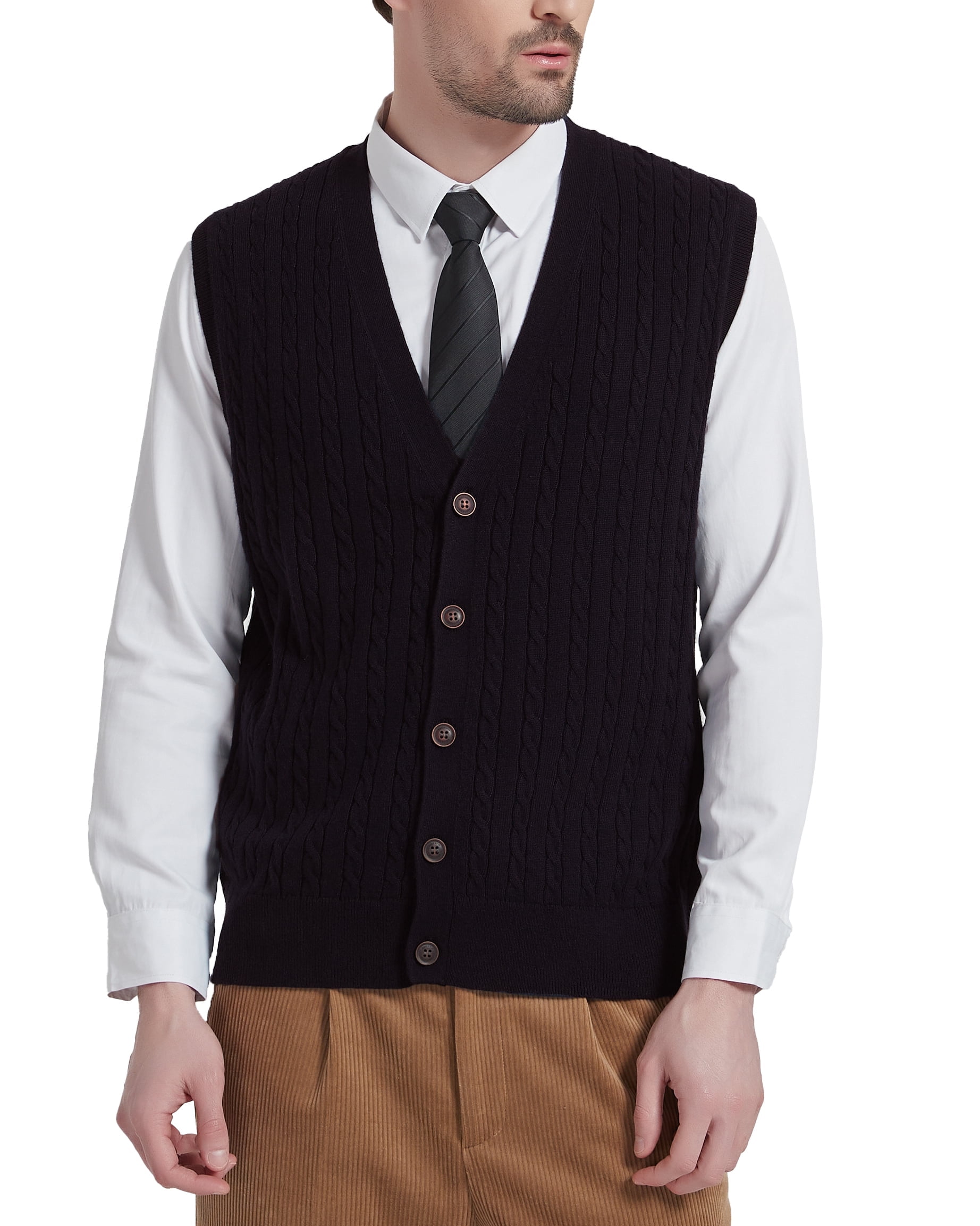 Kallspin Men's Wool Blend Cable-Knit V Neck Sleeveless Cardigan Vest ...