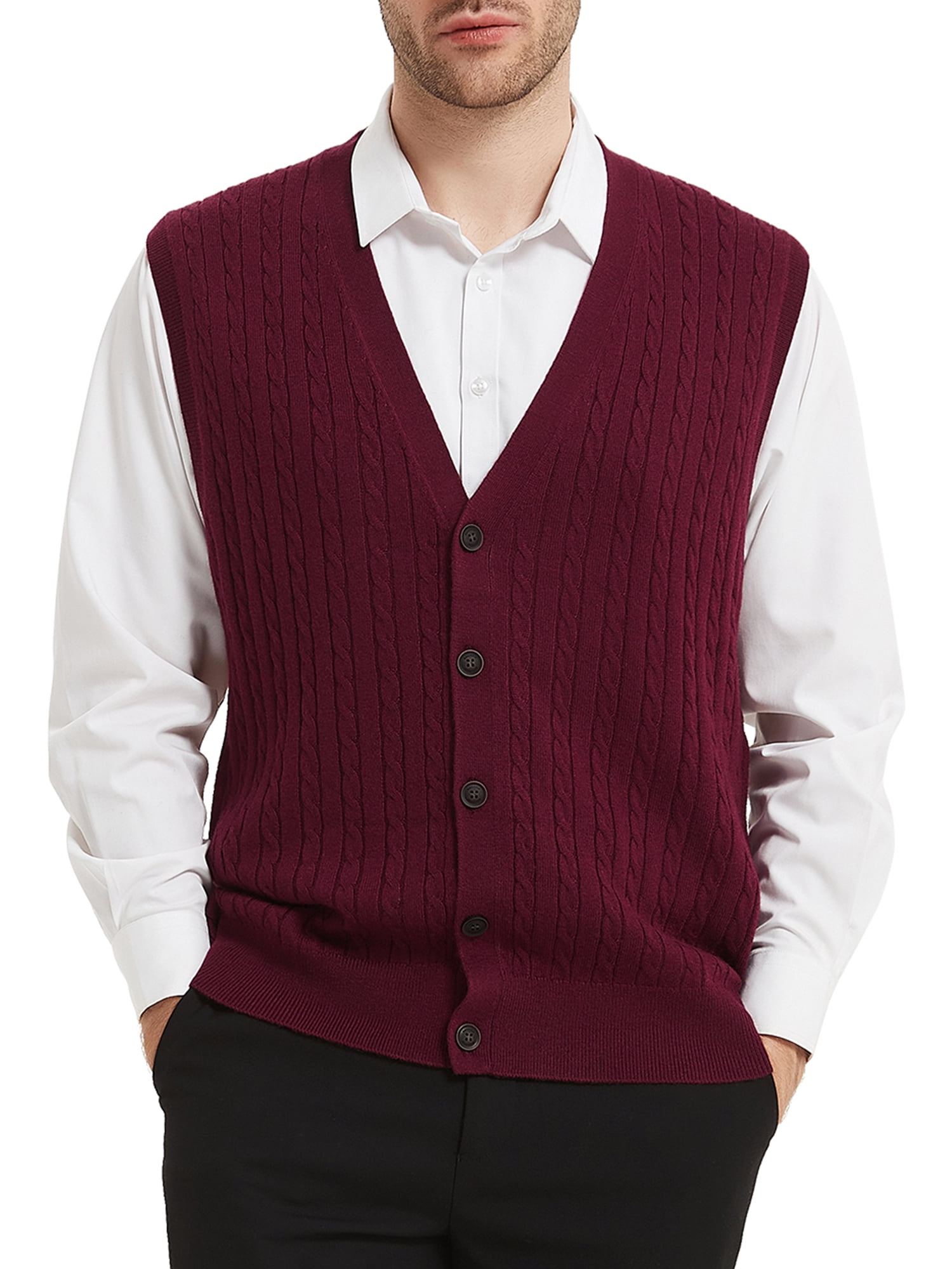 Kallspin Men's Wool Blend Cable-Knit V Neck Sleeveless Cardigan Vest ...