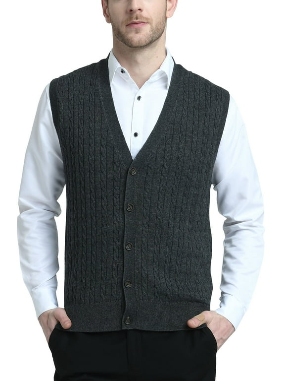 Kallspin Men's Wool Blend Sweater Vest Cable Knit V Neck Knitted ...