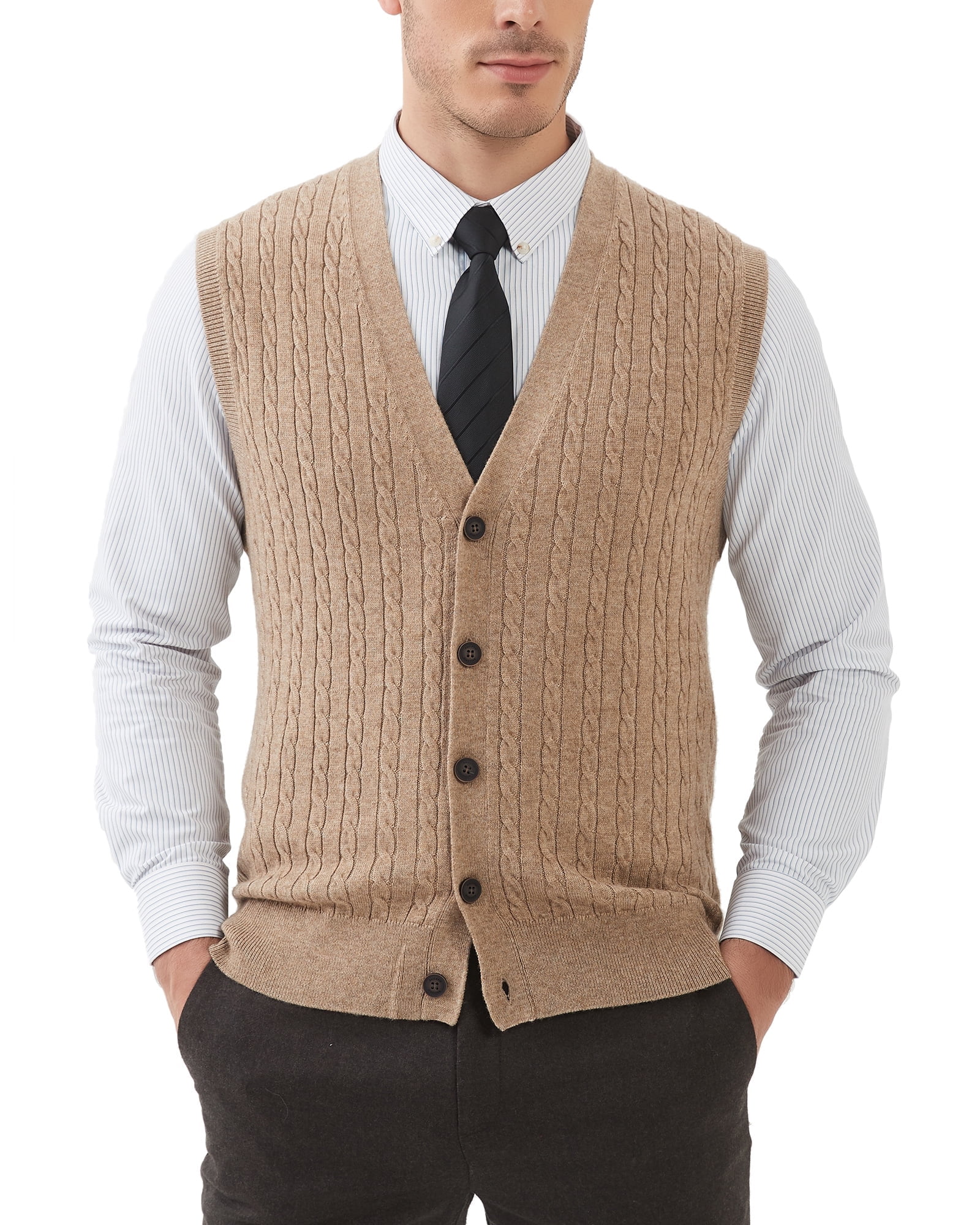 Kallspin Men's Wool Blend Cable-Knit V Neck Sleeveless Cardigan Vest ...