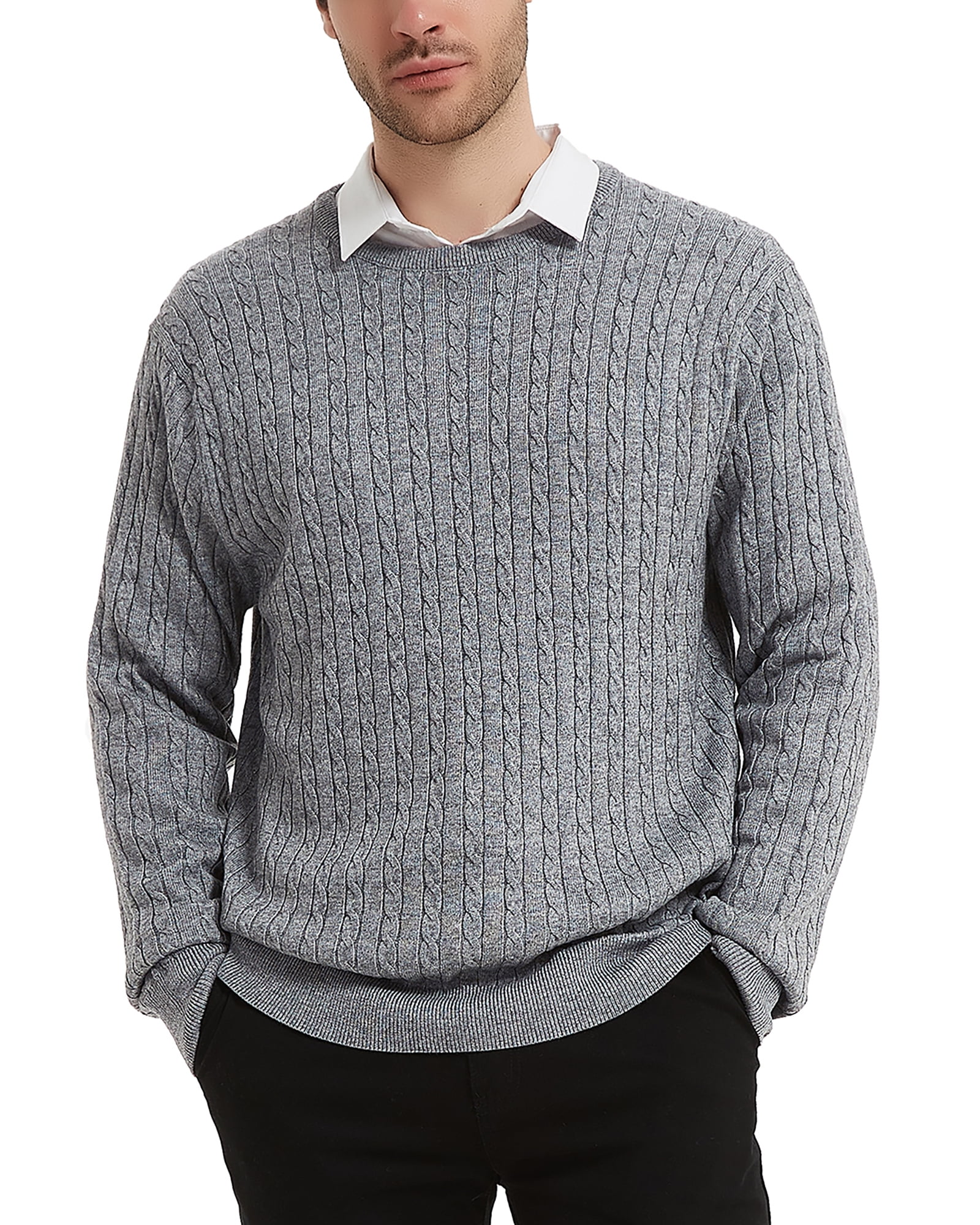 Kallspin Men’s Wool Blend Crew Neck Cable-Knit Pullover Sweaters (Light ...