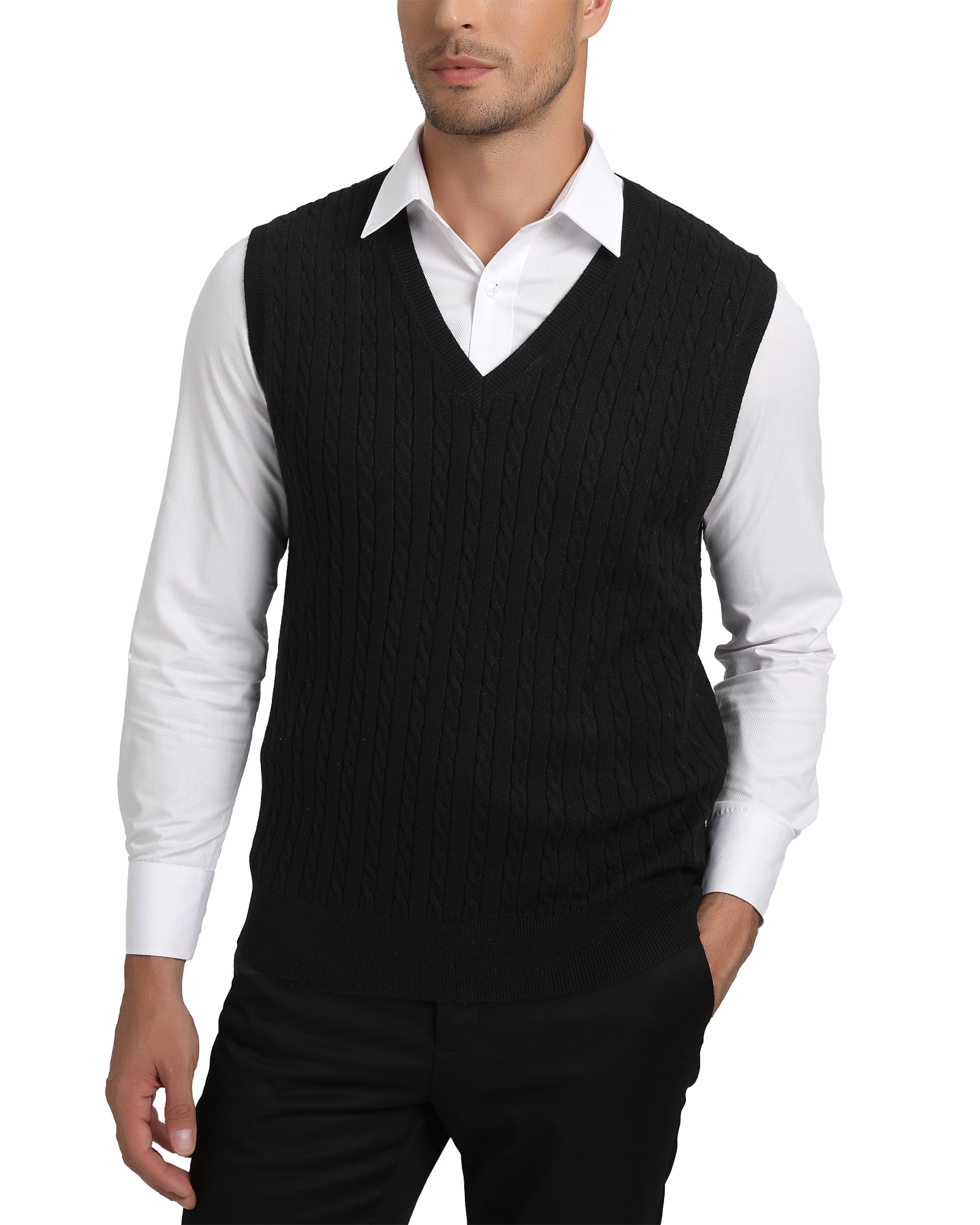 Kallspin Men's Wool Blend Sweater Vest Cable Knit V Neck Knitted ...
