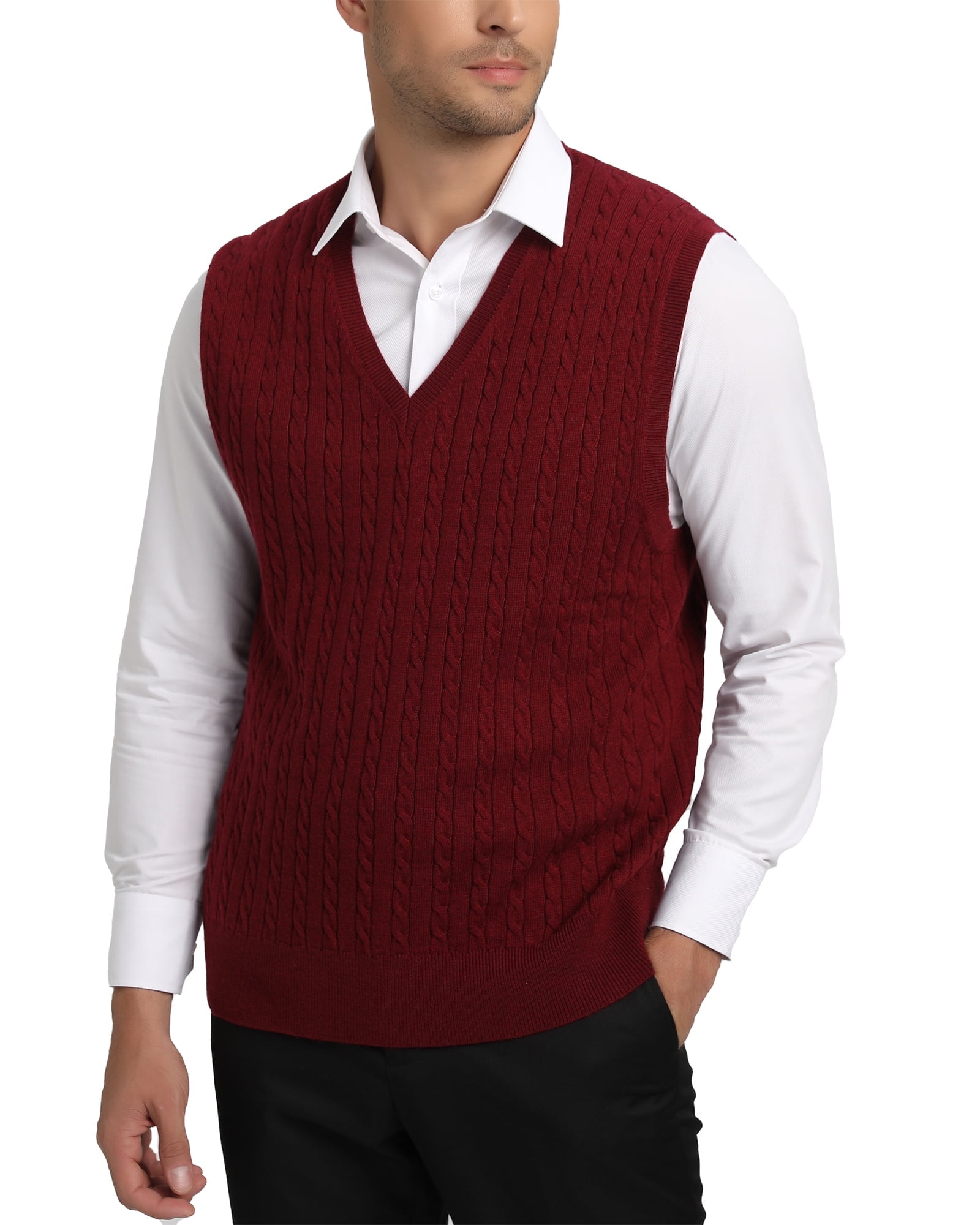 Kallspin Men's Wool Blend Sweater Vest Cable Knit V Neck Knitted ...