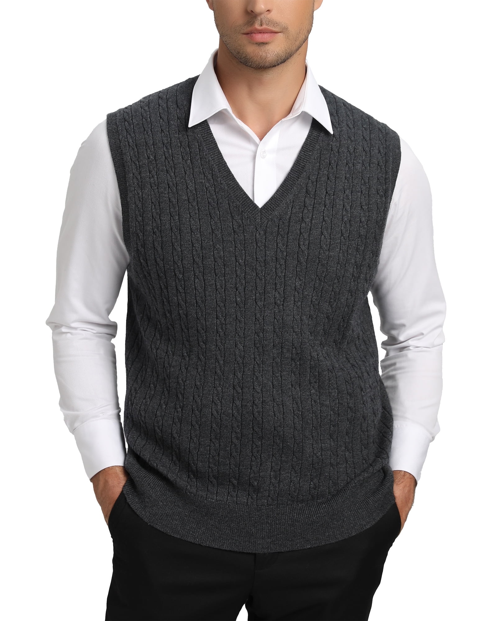 Kallspin Men's Wool Blend Sweater Vest Cable Knit V Neck Knitted ...