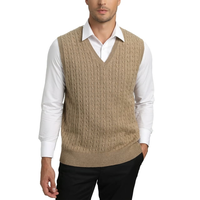 Kallspin Men's Wool Blend Sweater Vest Cable Knit V Neck Knitted ...