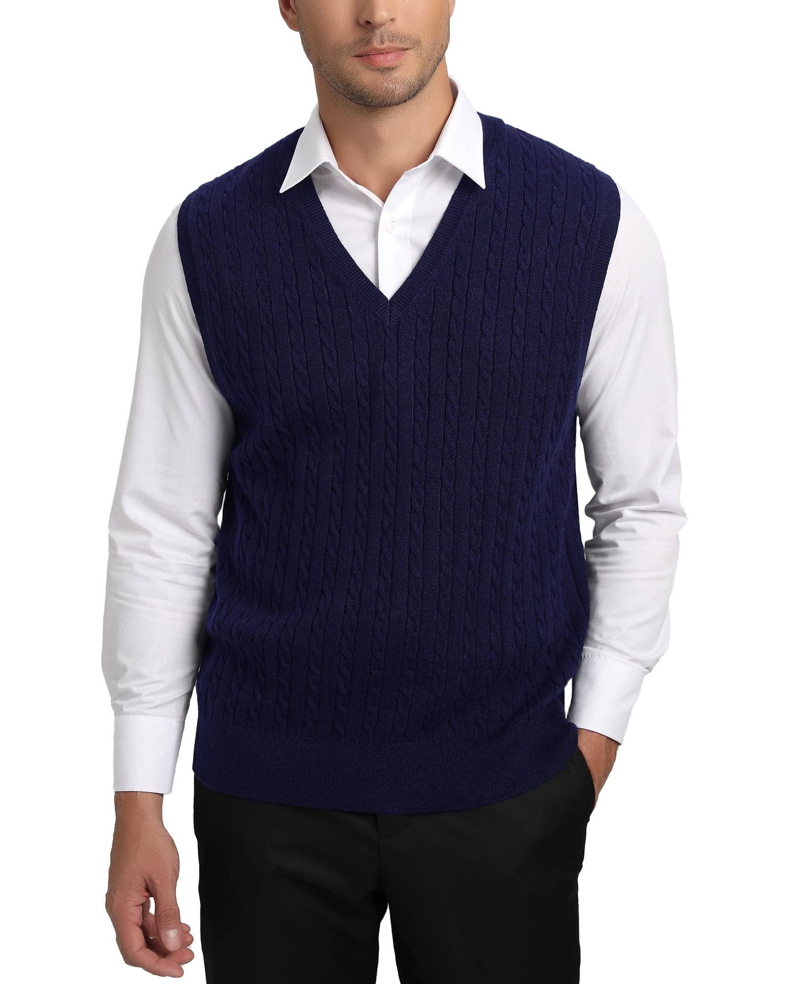 Kallspin Men's Wool Blend Sweater Vest Cable Knit V Neck Knitted ...