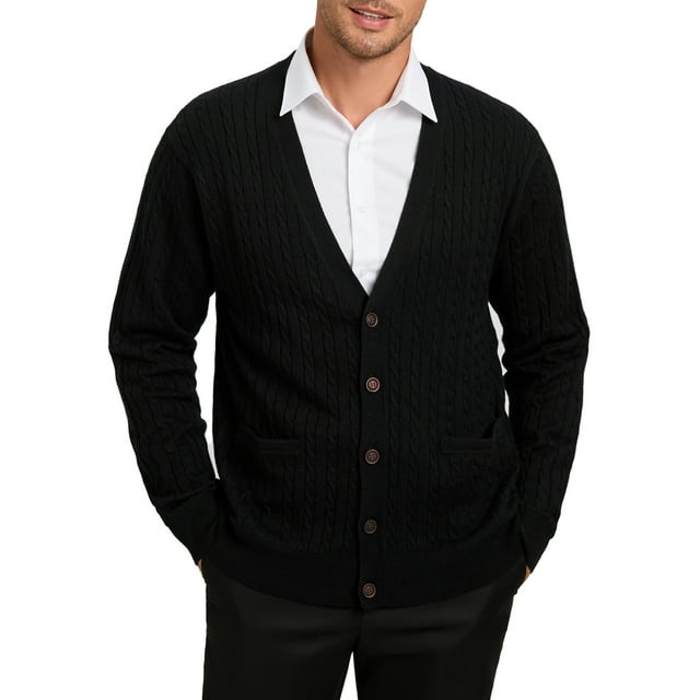 Kallspin Men’s Wool Blend V-Neck Cable-Knit Cardigans Sweaters (Black ...