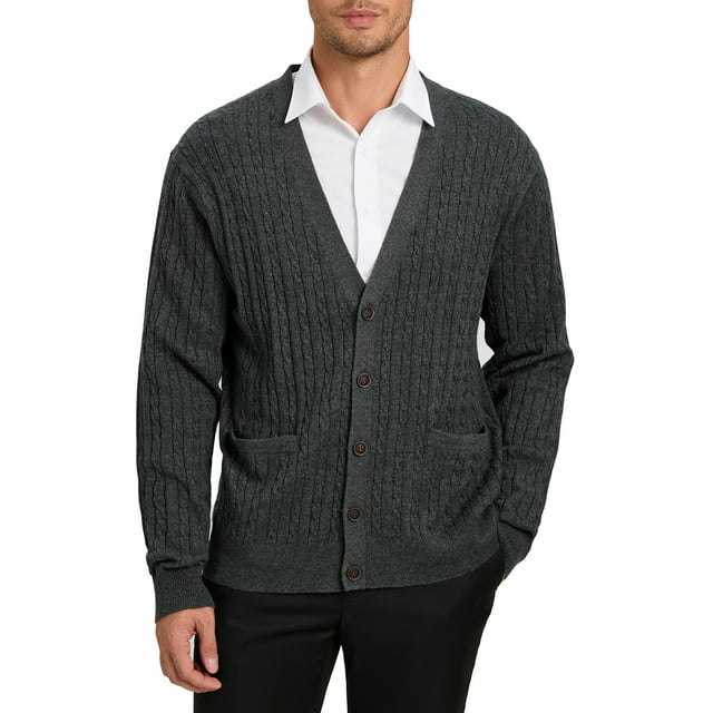 Kallspin Men’s Wool Blend V-Neck Cable-Knit Cardigans Sweaters (Charcoal, 3X-Large) - Walmart.com
