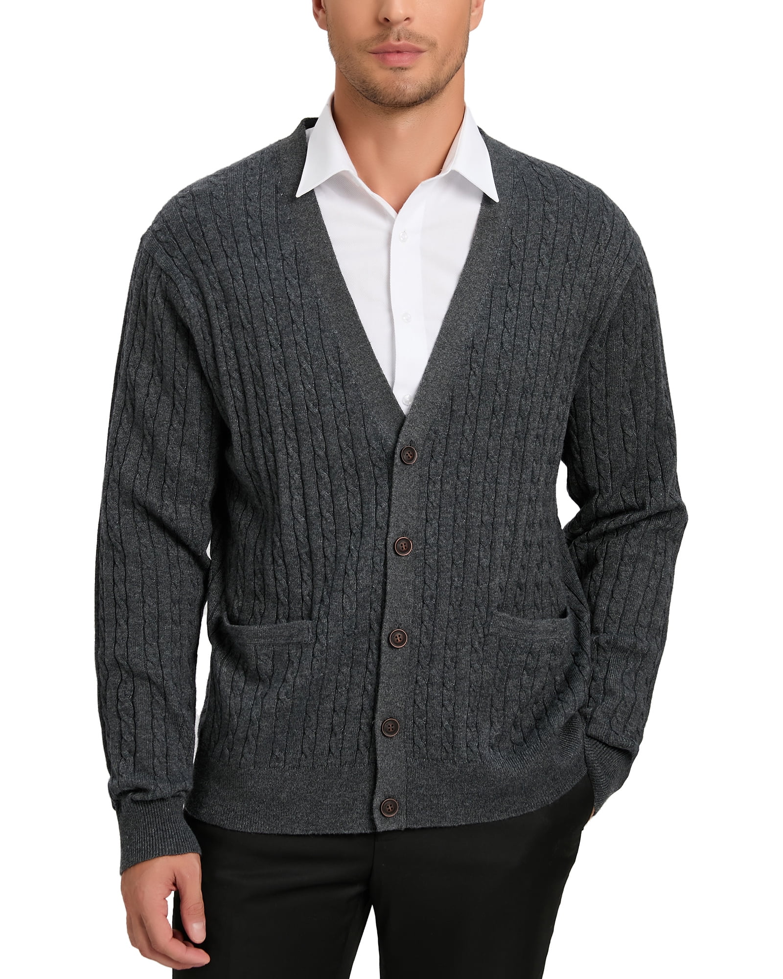 Kallspin Men’s Wool Blend V-Neck Cable-Knit Cardigans Sweaters (Charcoal, X-Large) - Walmart.com