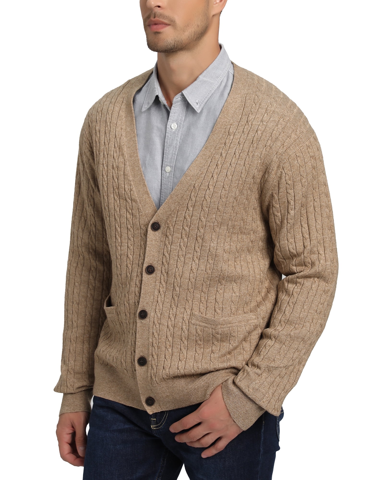 Kallspin Men's Wool Blend V-Neck Cable-Knit Cardigans Sweaters(Coffee ...