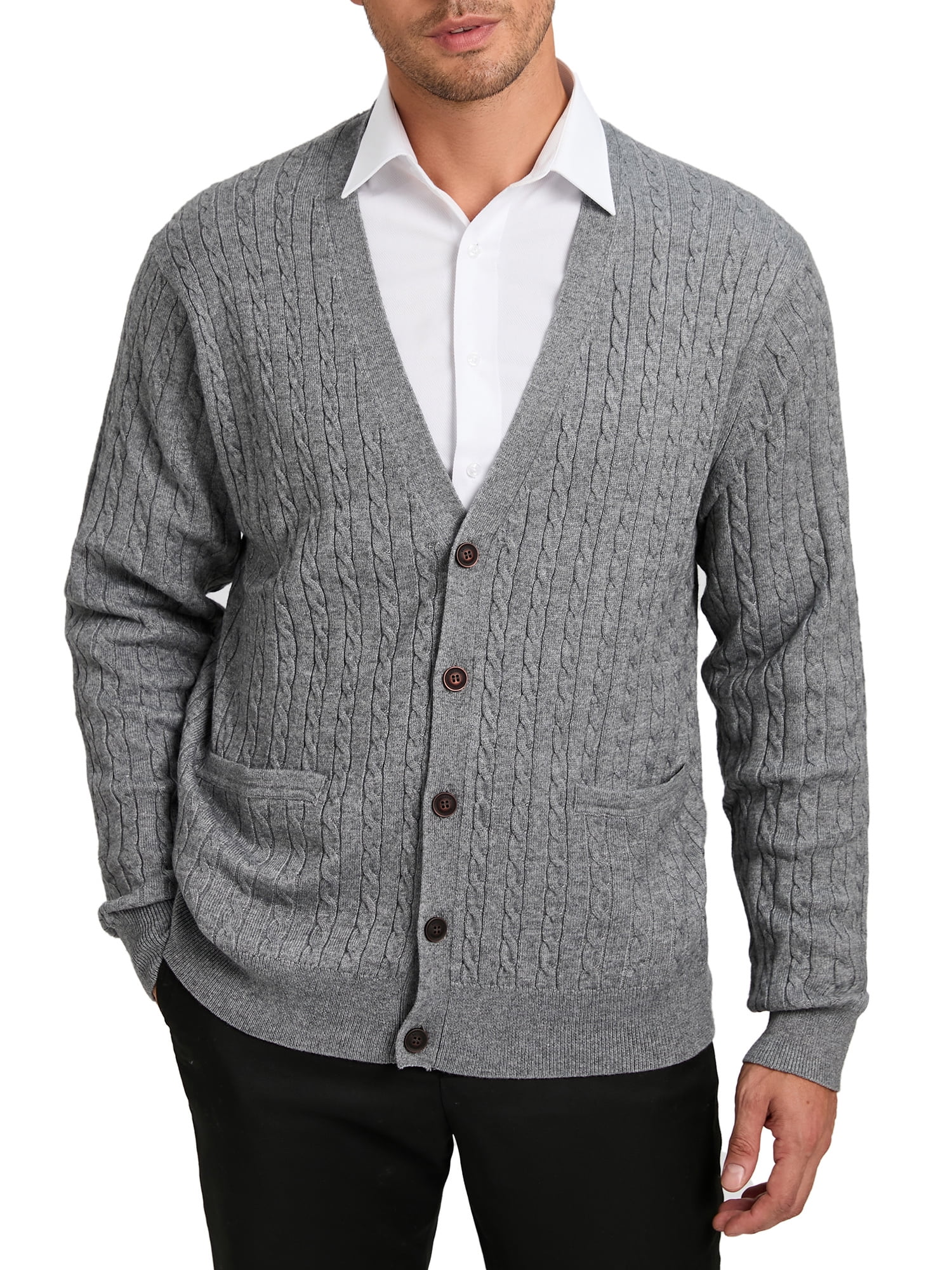 Kallspin Men’s Wool Blend V-Neck Cable-Knit Cardigans Sweaters (Light ...
